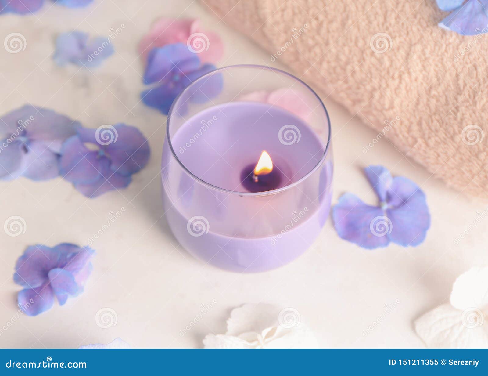 Burning Candle with Hydrangea Flowers on Light Table Stock Image ...