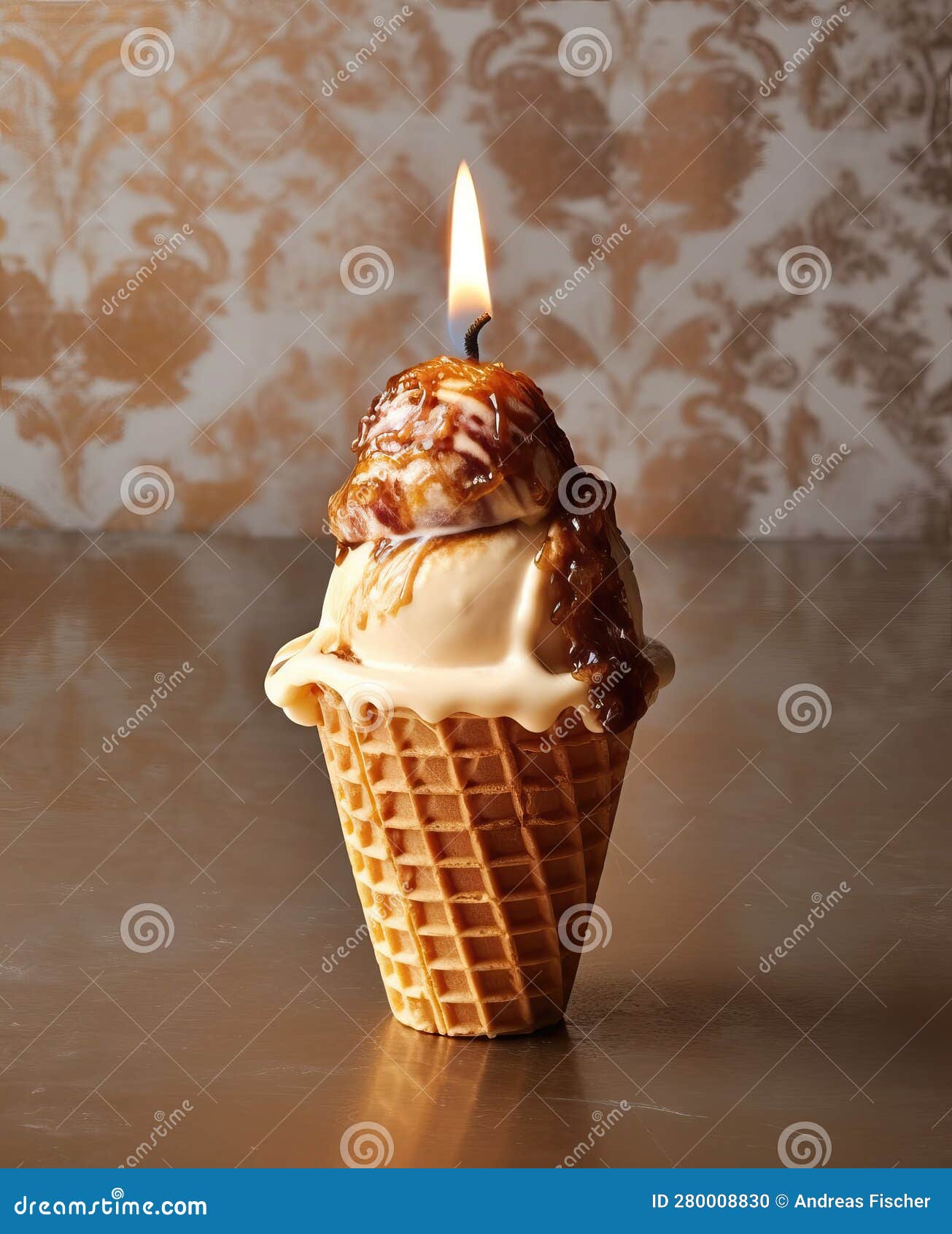 A Burning Candle in Ice Cream in a Waffle Cup. Stock Illustration ...