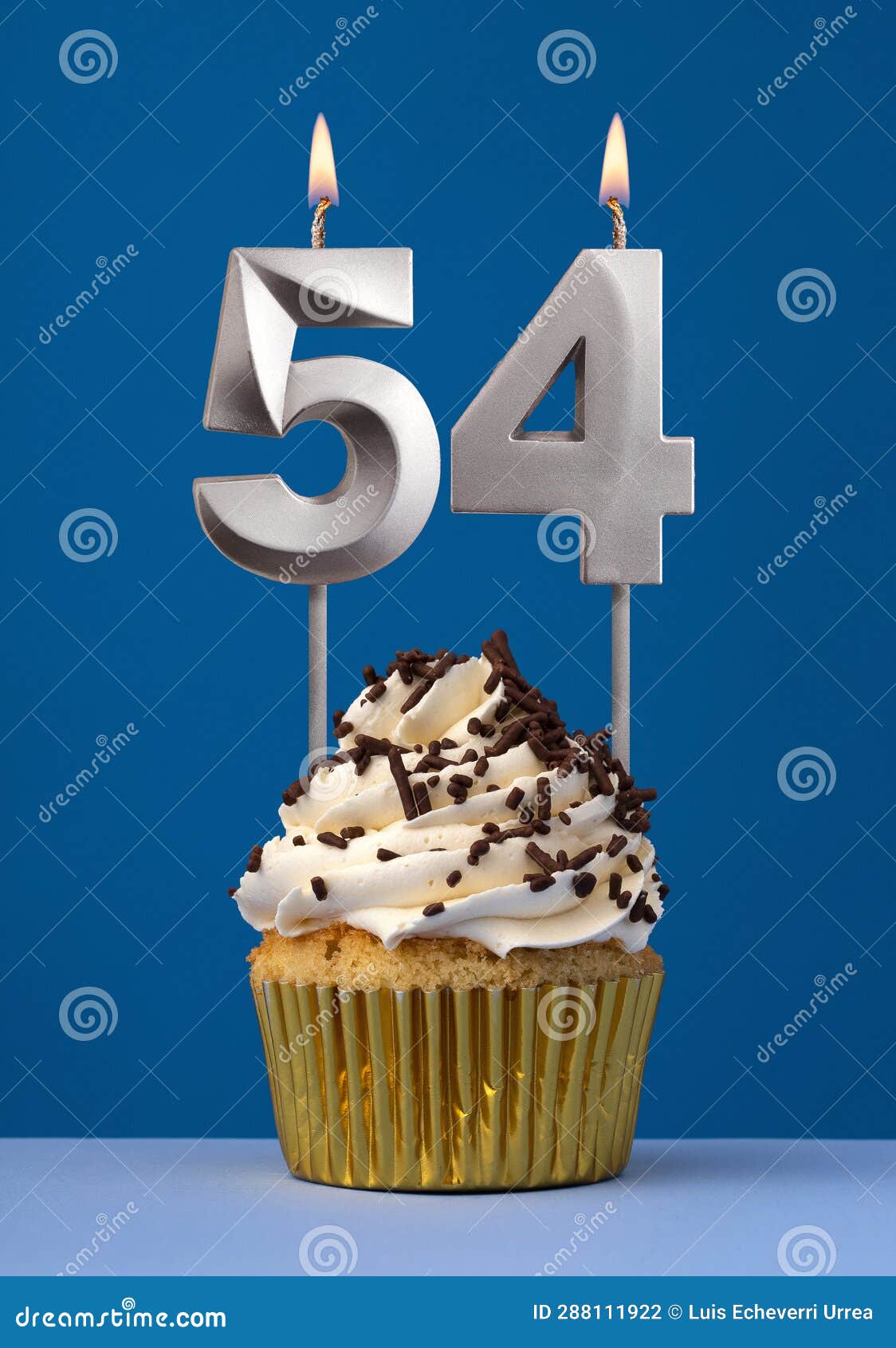 Burning Candle Number 54 - Birthday Card with Cake on Blue Background ...