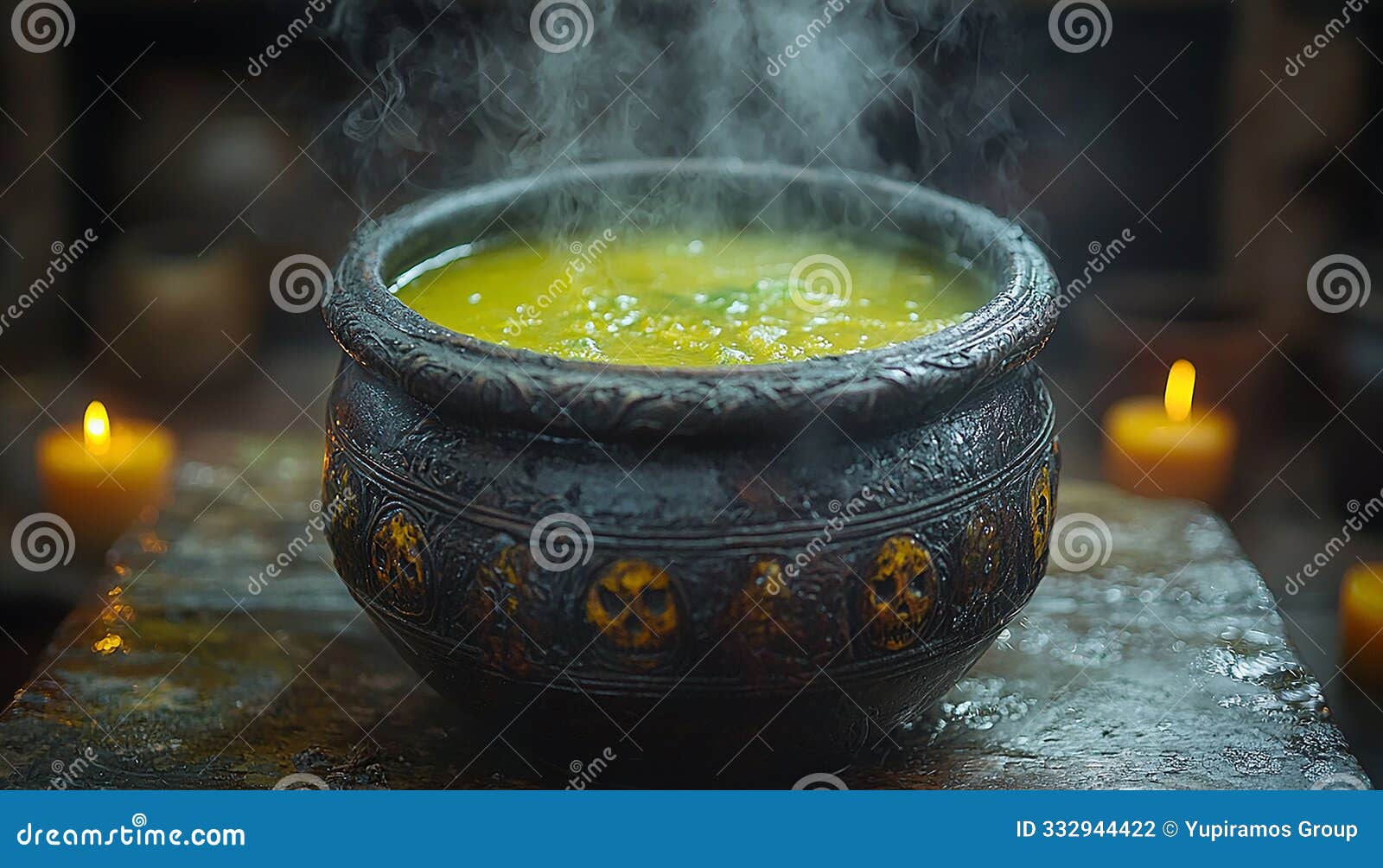 A Cauldron Boiling Over With Purple Fog In A Dark, Eerie Cave, With ...