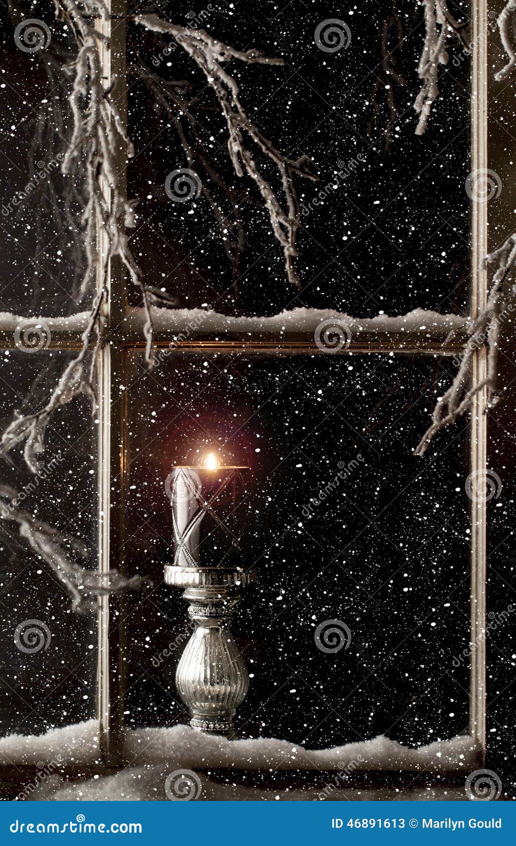 Burning Candle in Window 2 stock image. Image of branches - 46891613