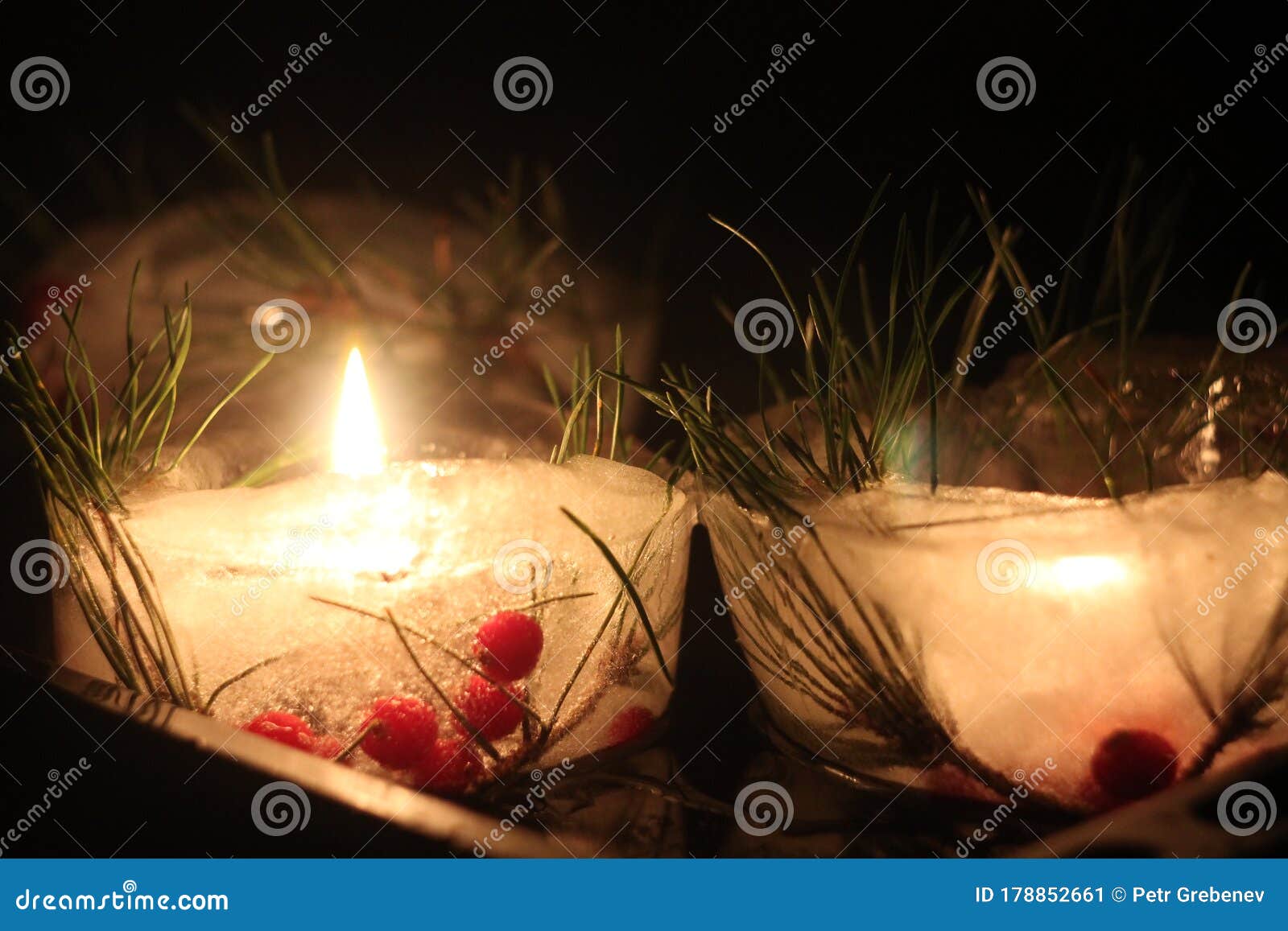 Burning Candles in an Ice Candlestick Stock Image - Image of scroll ...