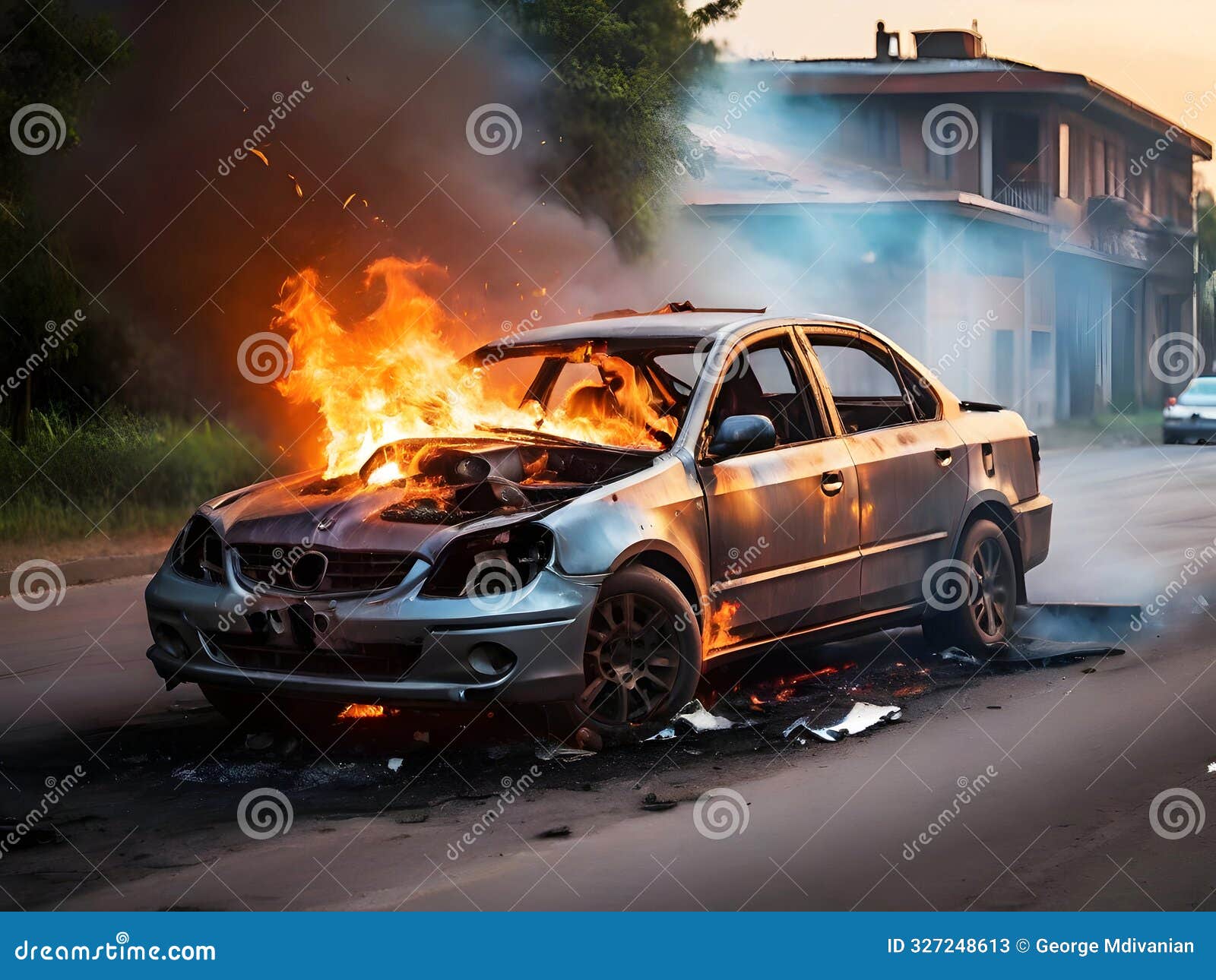 Burning Car after Accident Explosion Stock Illustration - Illustration ...