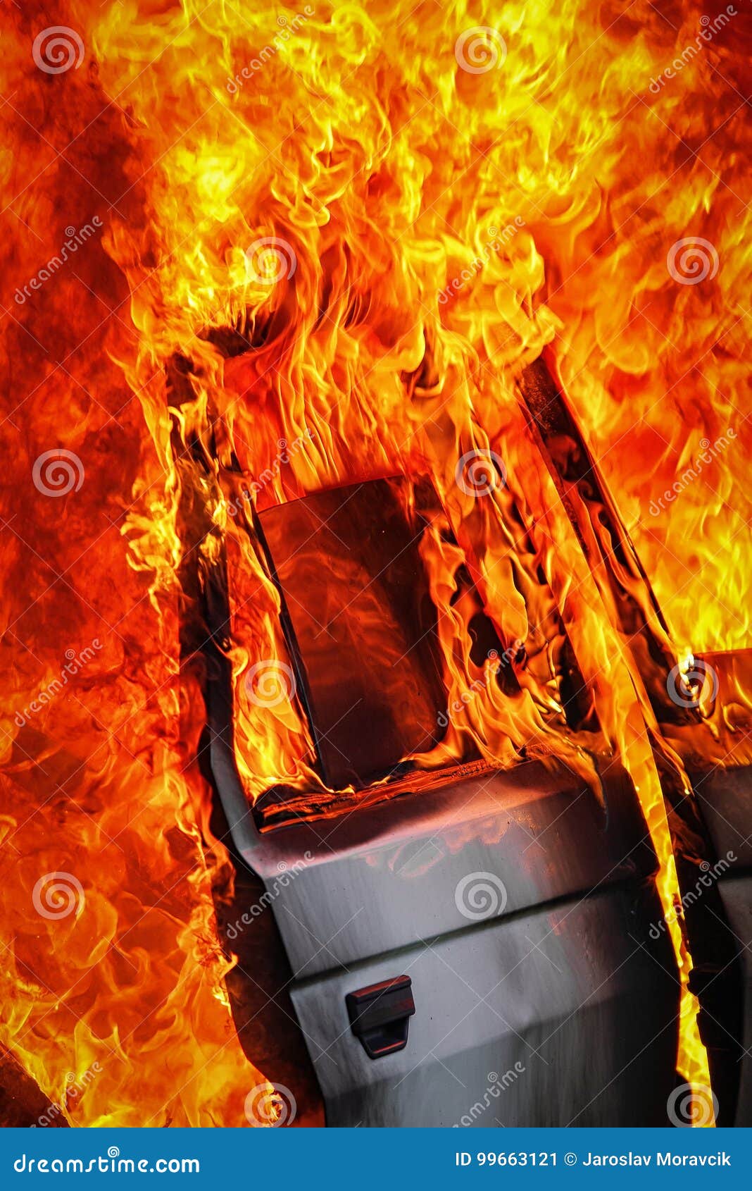 Burning car after accident stock image. Image of flame - 99663121