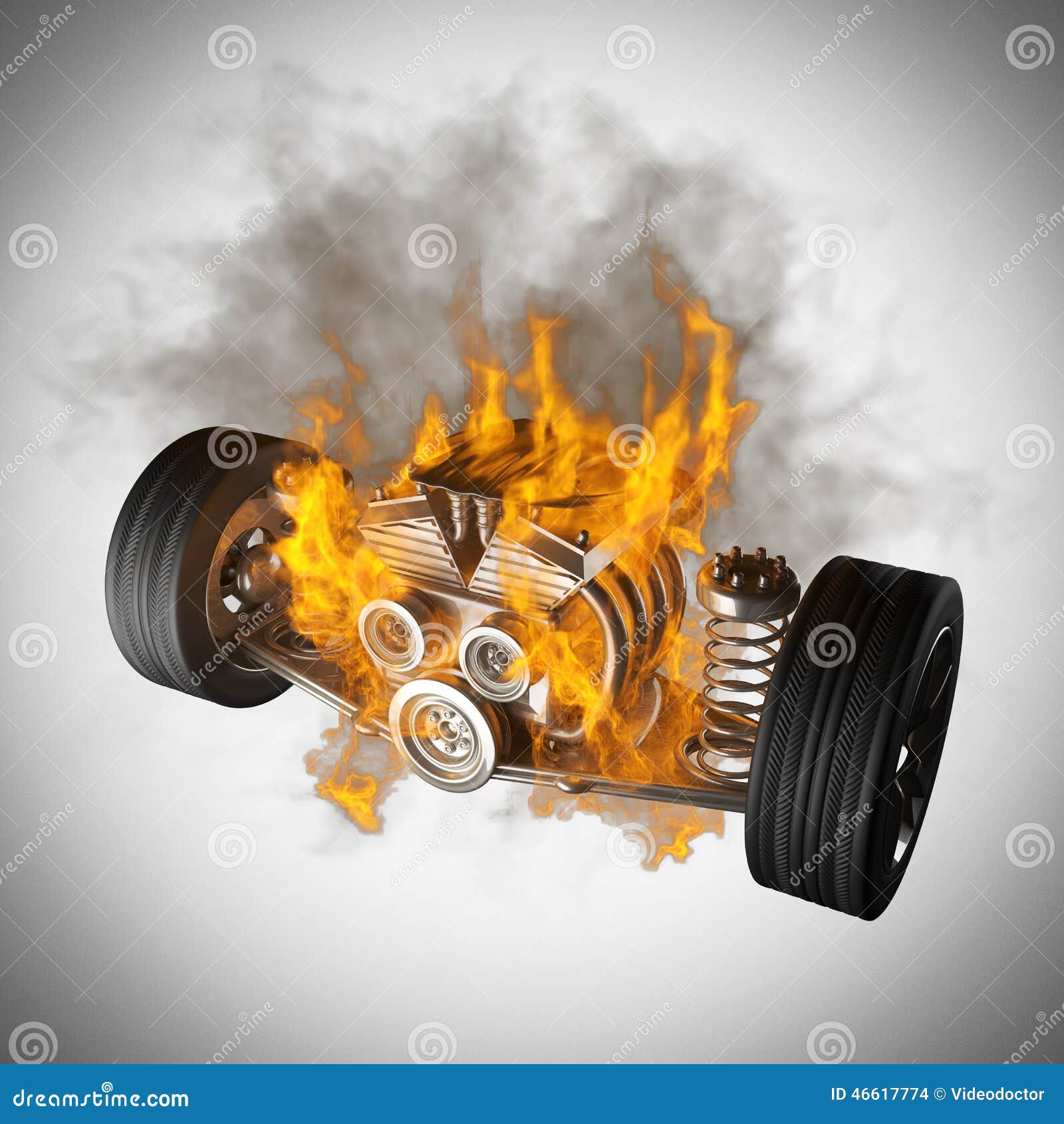 Burning Car Chassis with Engine and Wheels Stock Illustration ...