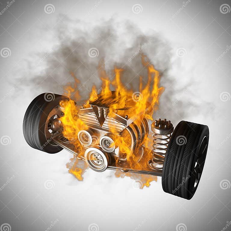 Burning Car Chassis with Engine and Wheels Stock Illustration ...