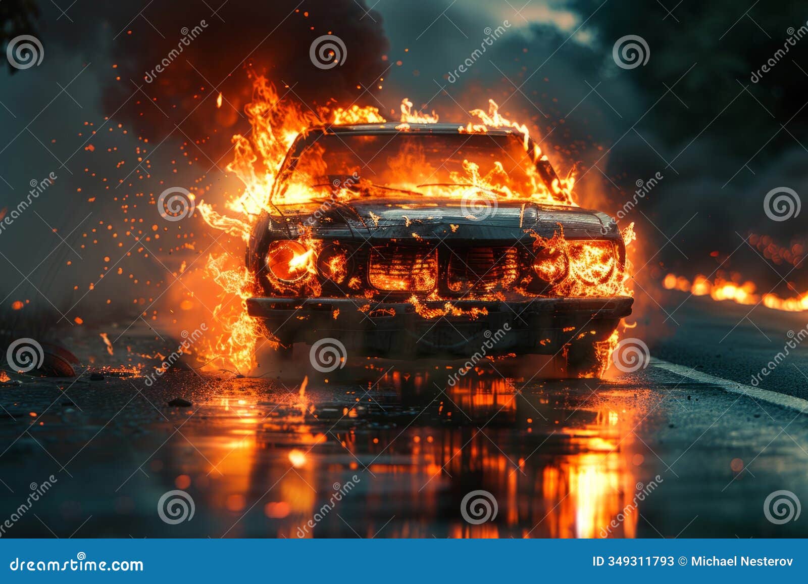 Burning Car in Flames on a Wet Road at Night Stock Image - Image of ...