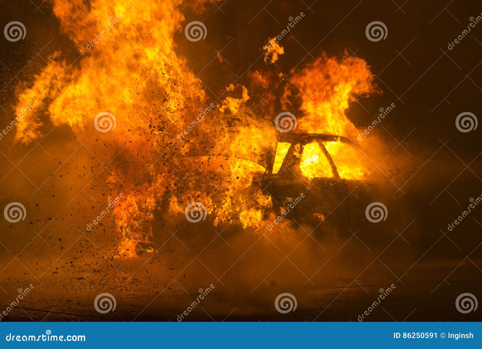 Burning car on the road stock image. Image of calamity - 86250591