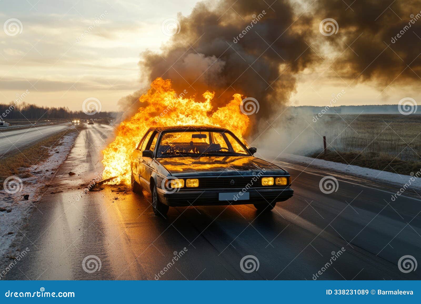 Burning Car on the Side of a Highway with Flames Stock Image - Image of ...