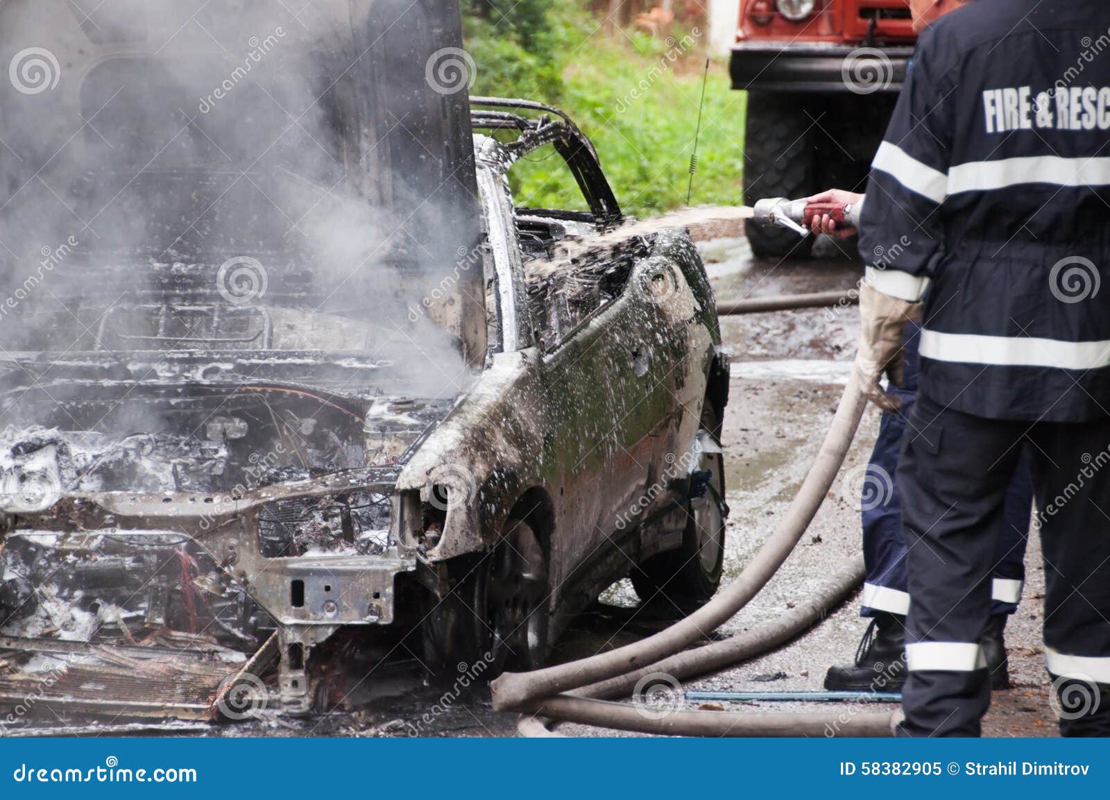 Burning Car. Totally Burned Car Action. Stock Image - Image of smoke ...