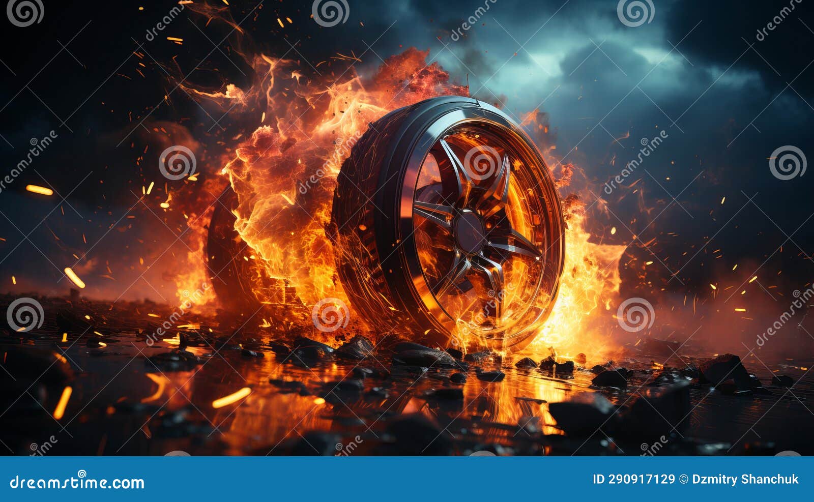 Burning Car Wheel at Night, Generative AI Stock Illustration ...