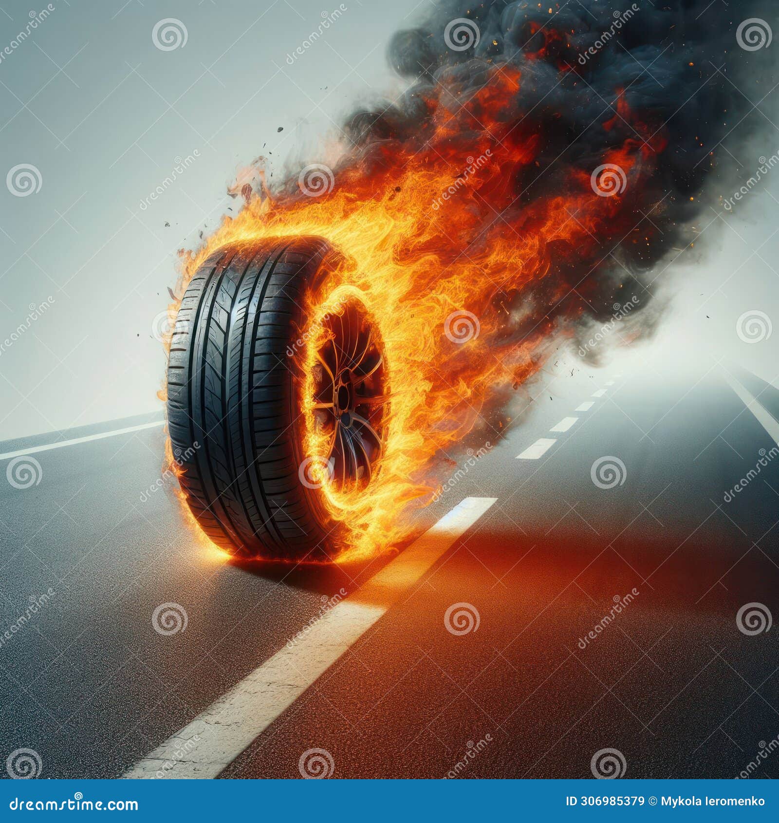 A Burning Car Wheel Rolls Along the Road. Stock Illustration ...