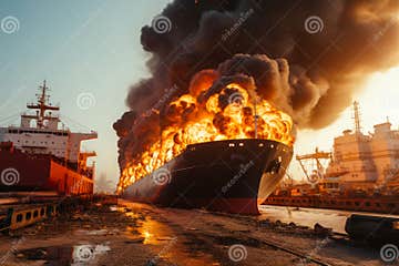 Burning Cargo Ship with Containers in the Seaport. Generative Ai Stock ...