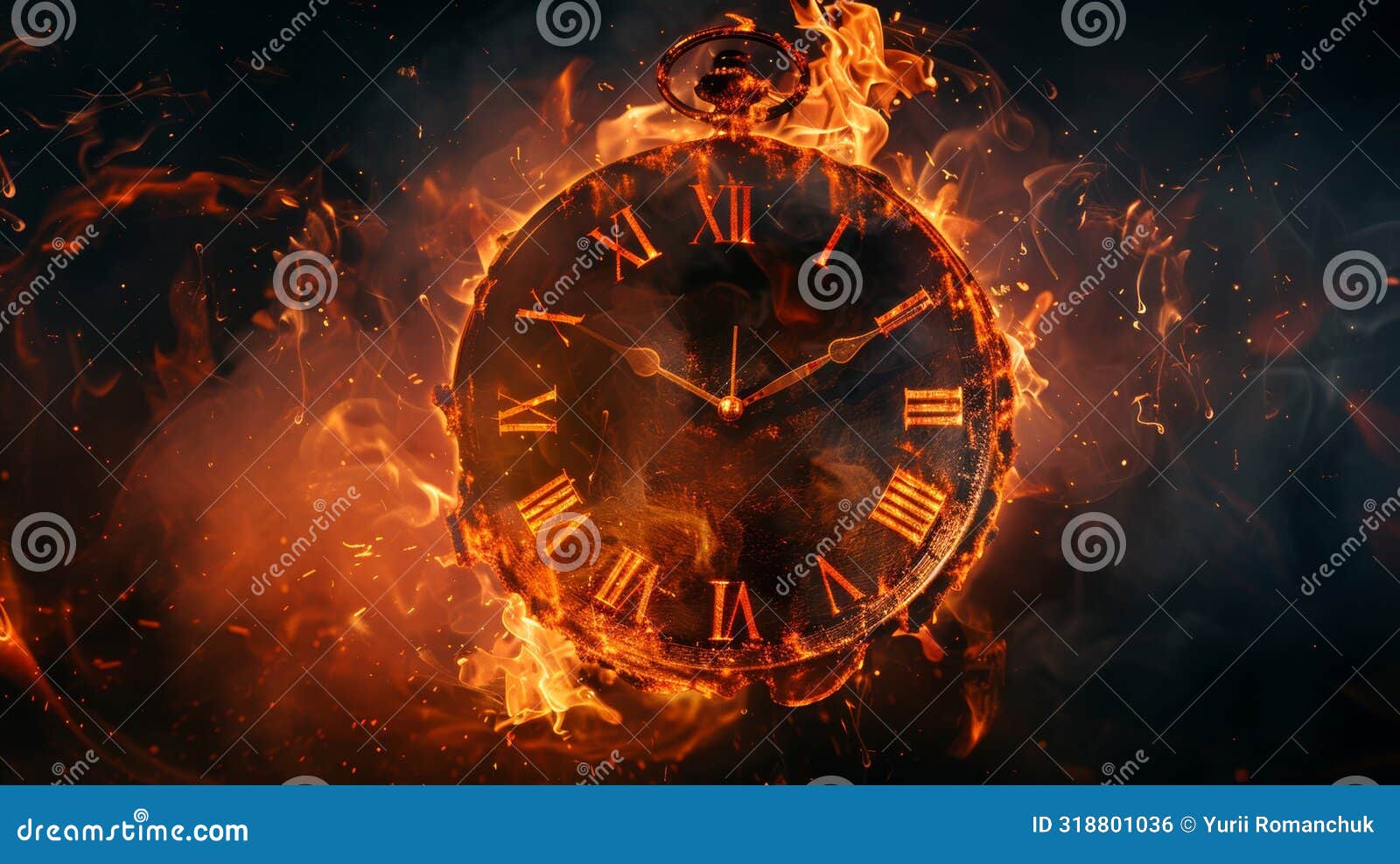 Burning Clock with Distorted Hands As Time Slowly Burns Away in an ...