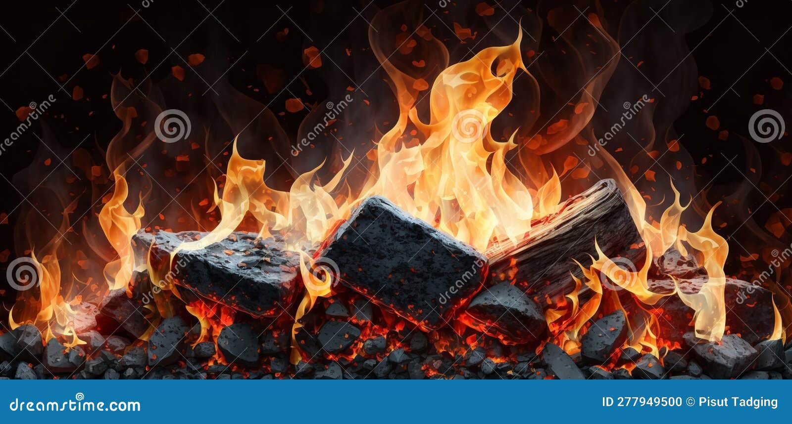 Burning Coal With Fire Set, Black Charcoal Pieces And Hot Lump Burn In ...