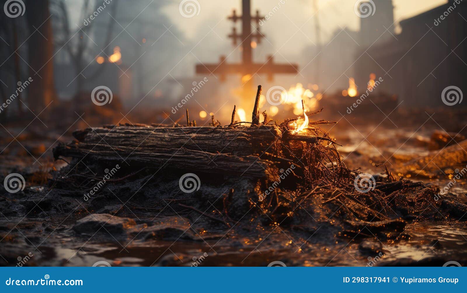 Burning Cross in Dark Forest, Spooky Halloween Inferno Generated by AI ...
