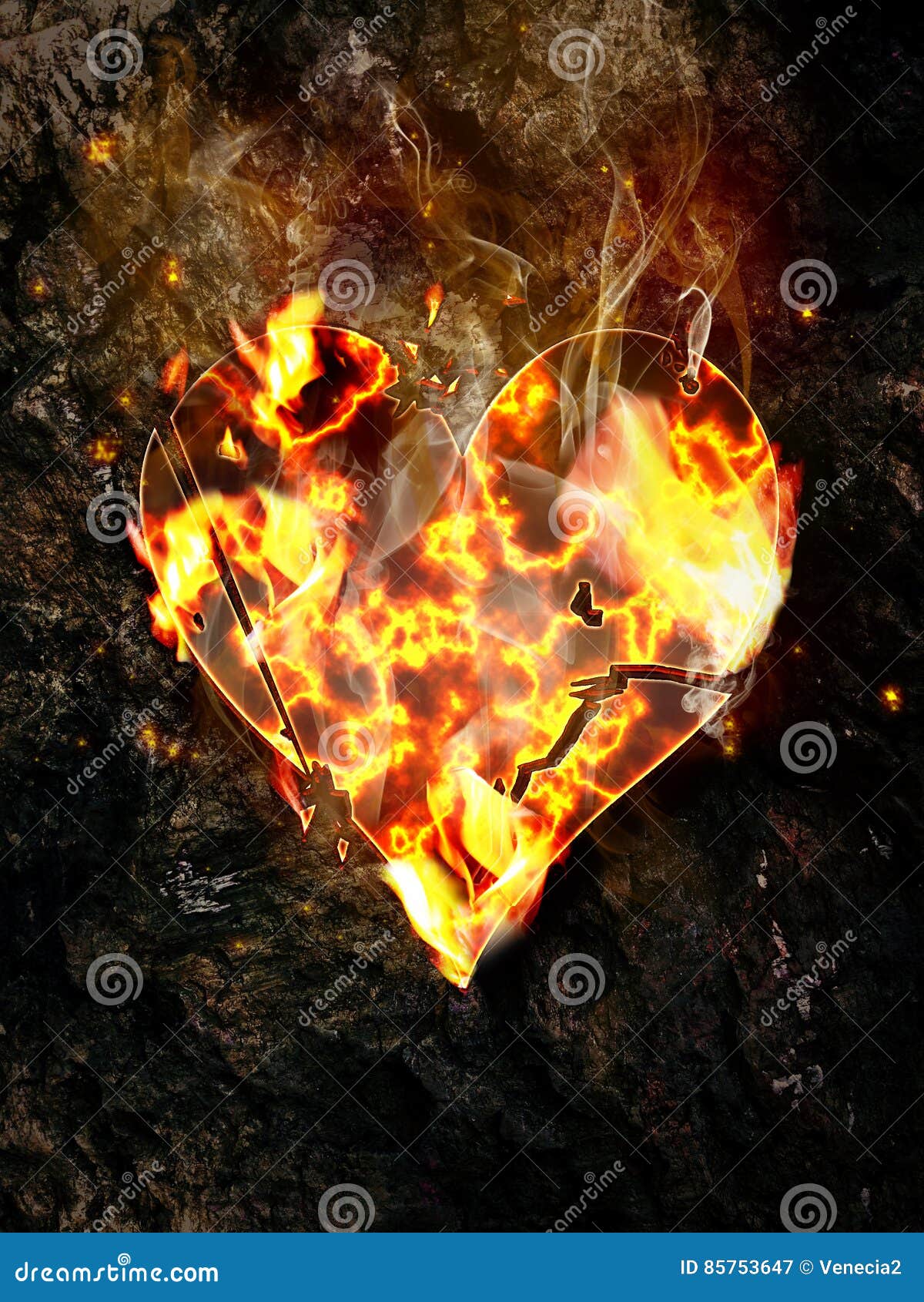 Burning Crumbling Heart on the Rock Background. Stock Illustration ...