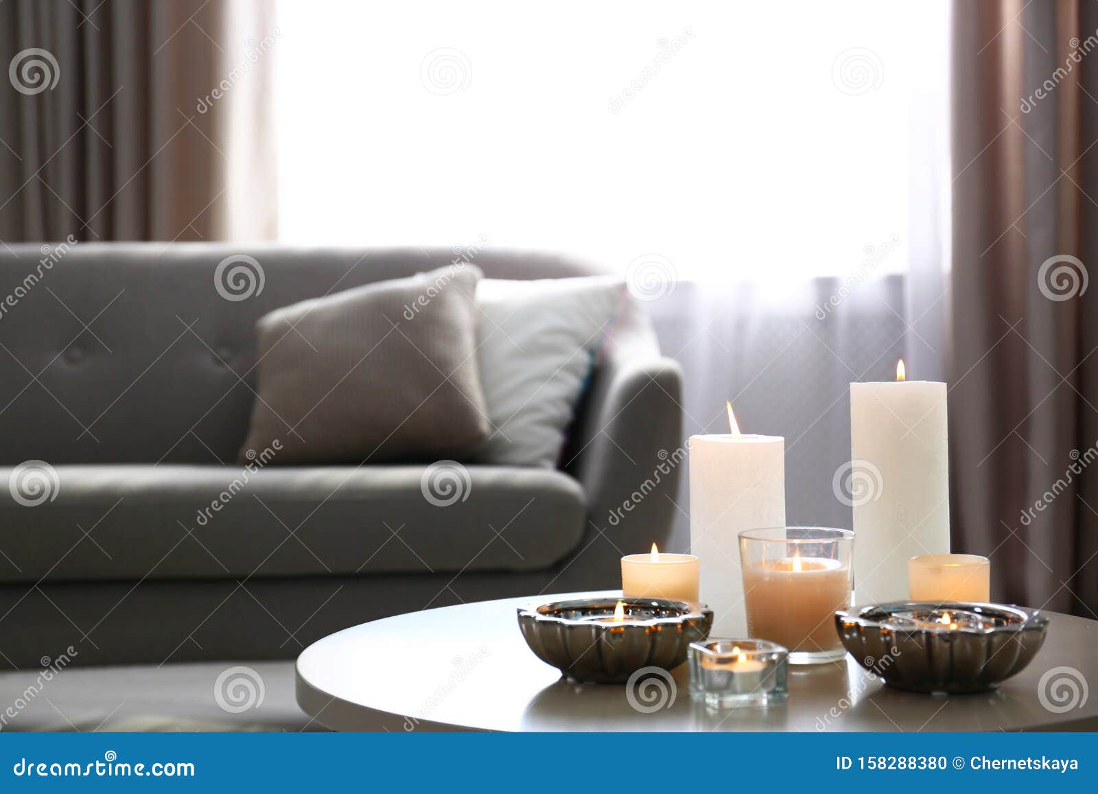 Burning Decorative Candles on in Room Stock Photo - Image of living ...