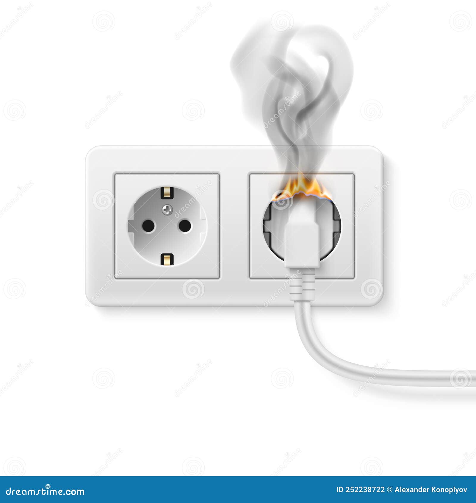 Burning Double Wall Socket with Plug Wire Realistic Vector Electrical ...
