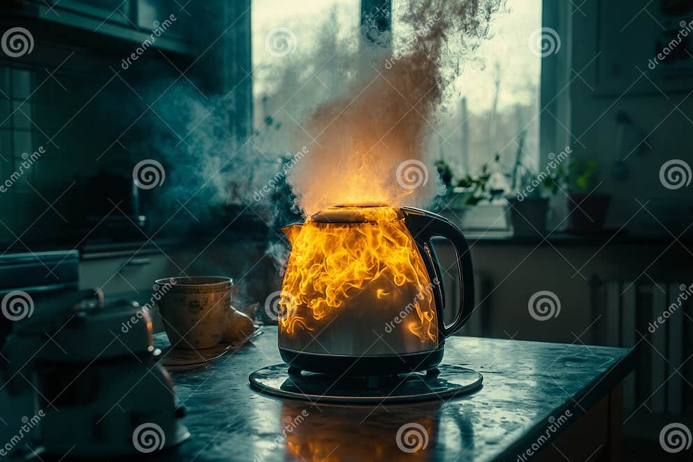 Burning Electric Kettle Creating a Fire Hazard in a Kitchen ...