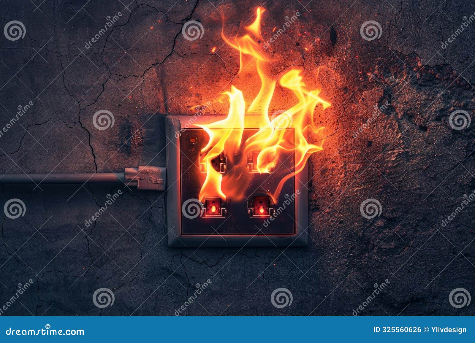 Burning Electrical Socket on Concrete Wall Causing Fire Stock Photo ...
