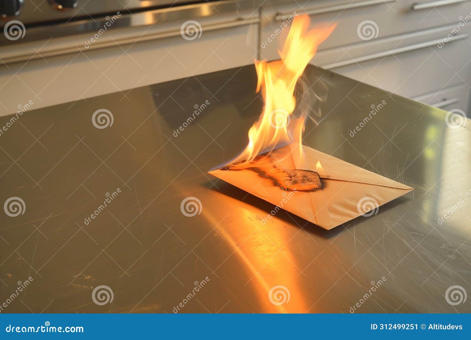 Burning Envelope on a Stainless Steel Kitchen Countertop Stock Image ...