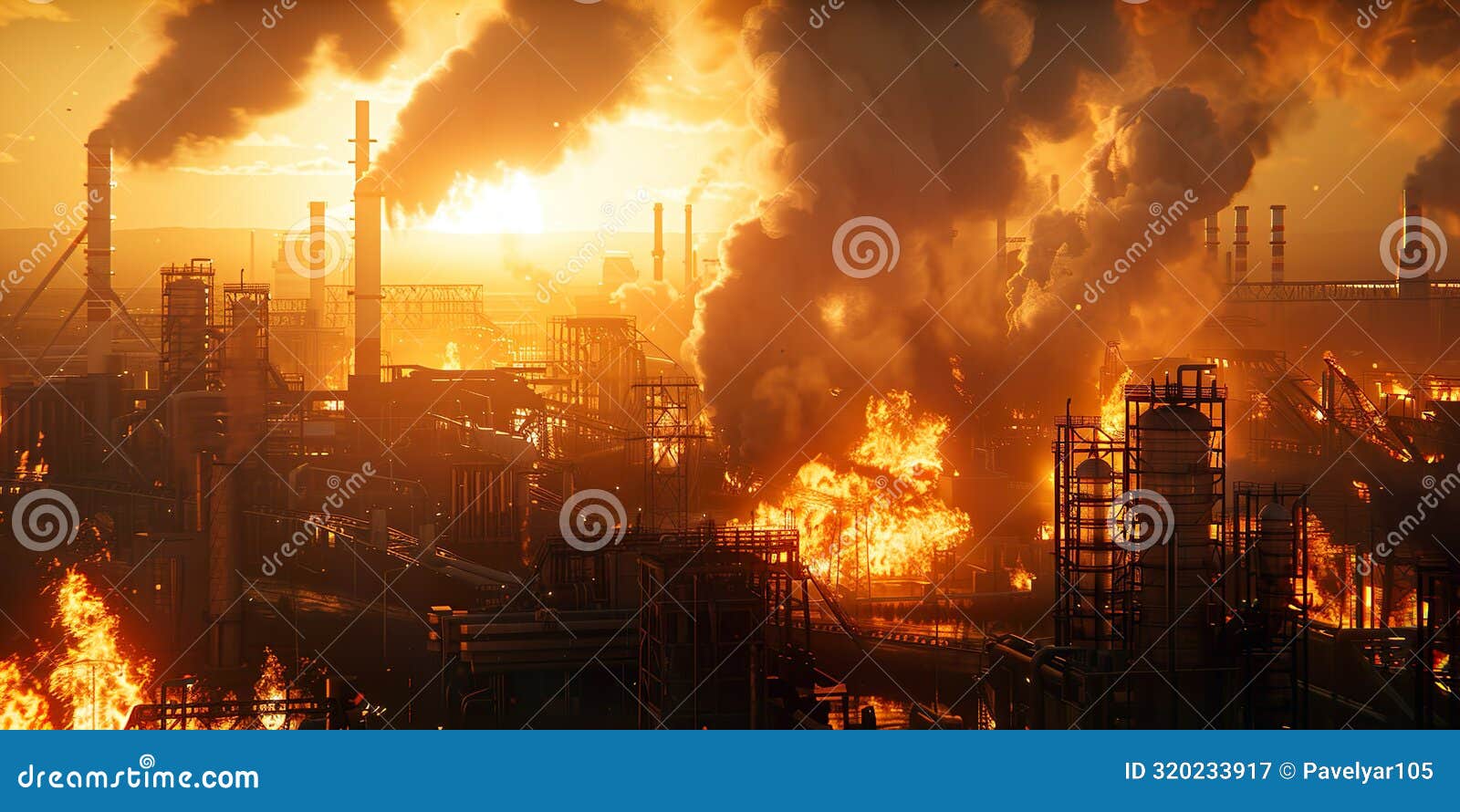 Burning Exploding Oil Refinery after Drone Attack. Destruction of ...
