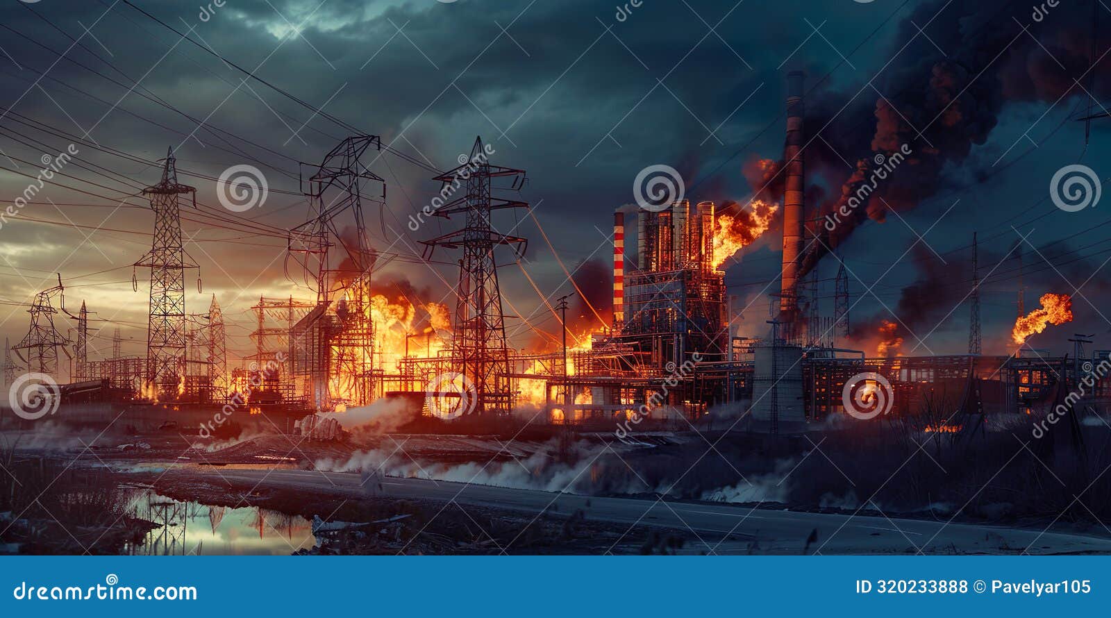 Burning Exploding Refinery Oil Plant with Flames after a Combat Drone ...