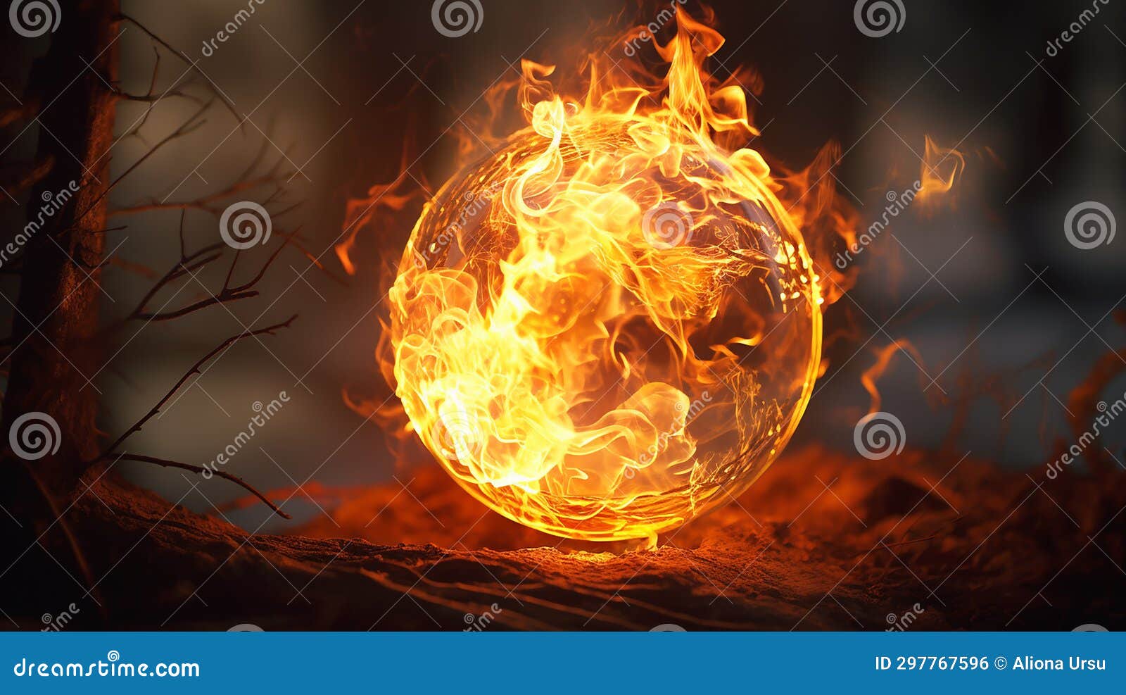 Burning Fire Ball in the Forest at Night Stock Illustration ...