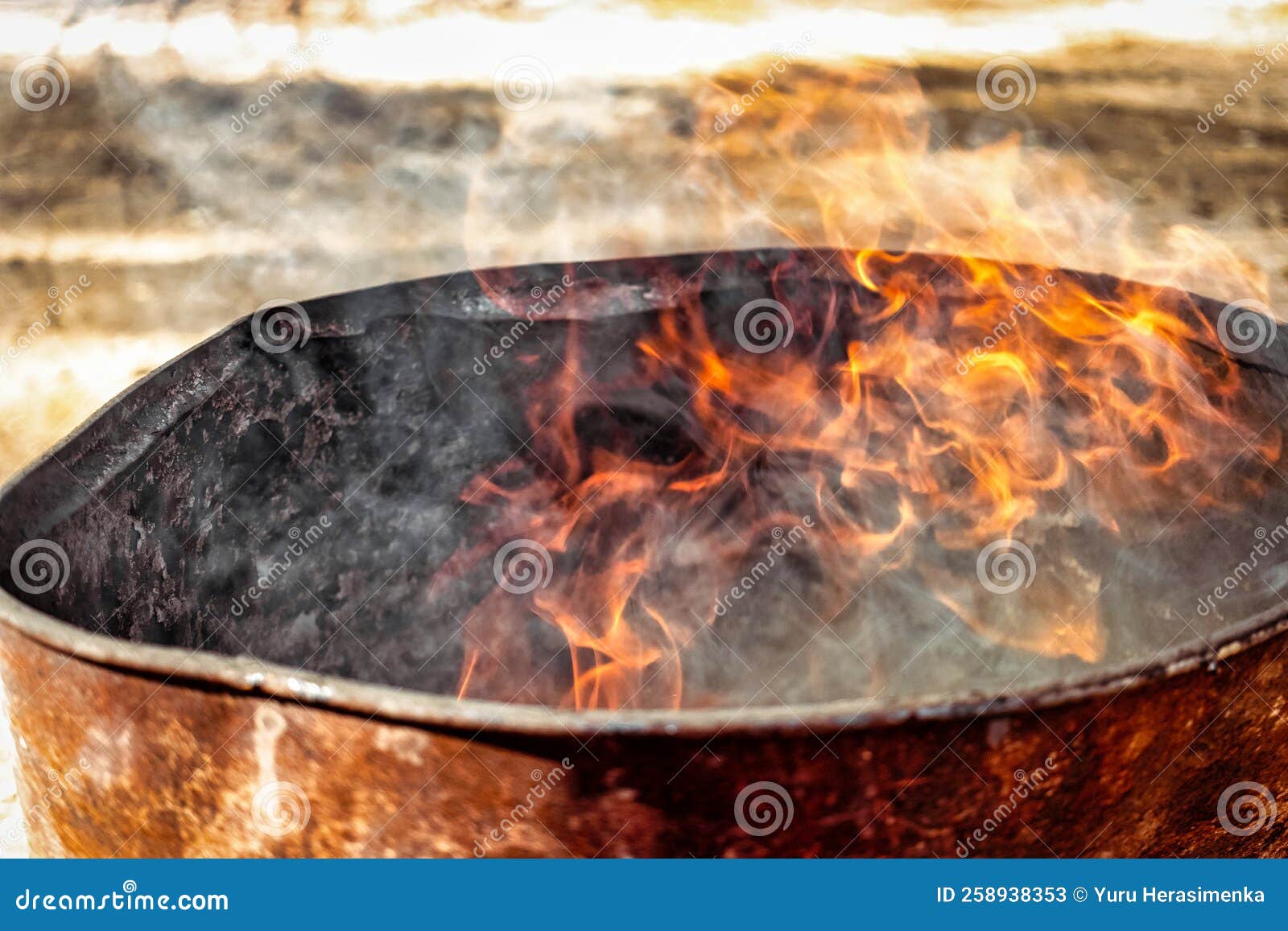 Burning Fire in a Barrel Close-up. Bright Flame. Open Flame Heating ...