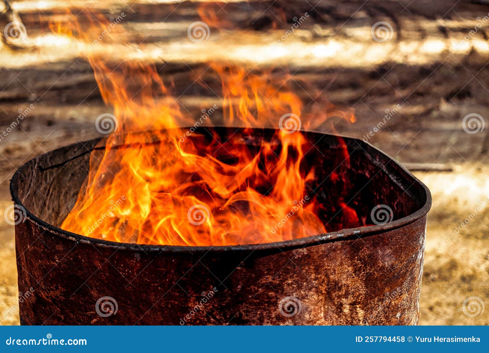 Burning Fire in a Barrel Close-up. Bright Flame. Open Flame Heating ...