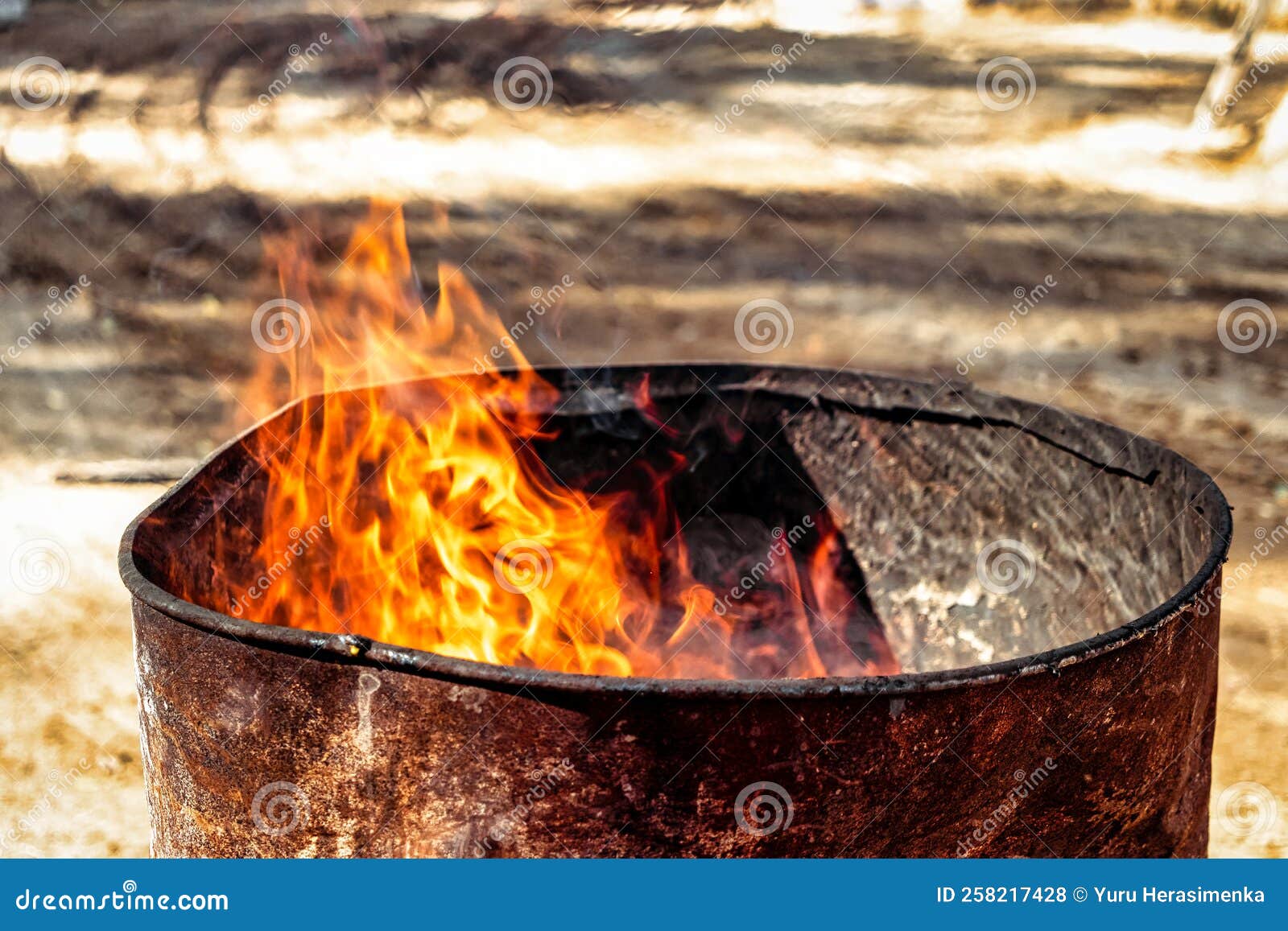 Burning Fire in a Barrel Close-up. Bright Flame. Open Flame Heating ...