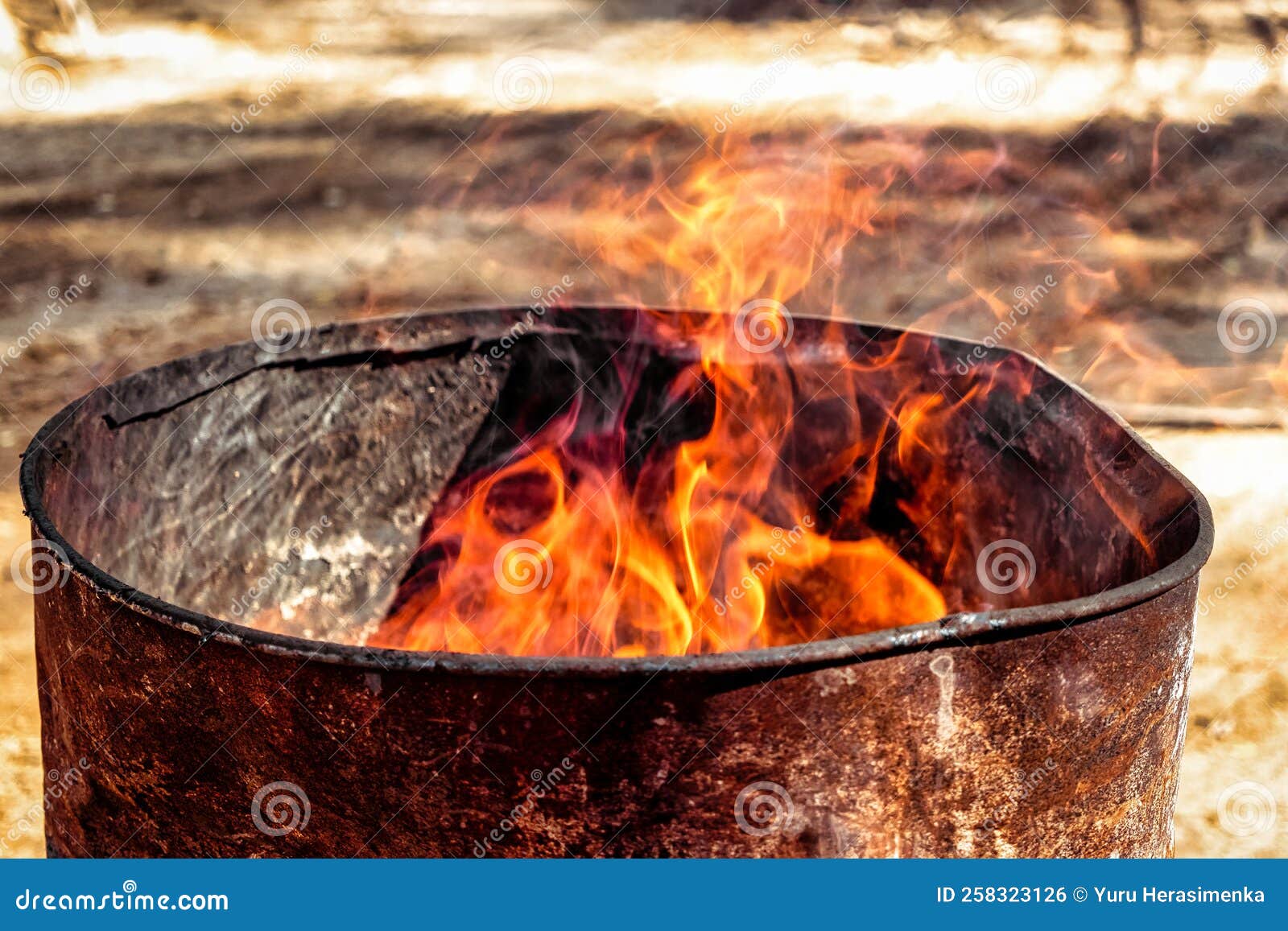 Burning Fire in a Barrel Close-up. Bright Flame. Open Flame Heating ...