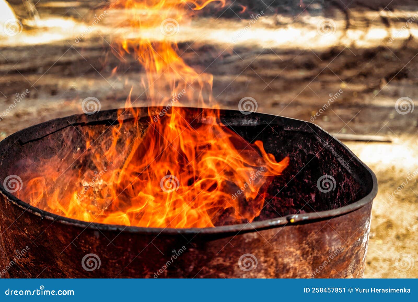 Burning Fire in a Barrel Close-up. Bright Flame. Open Flame Heating ...