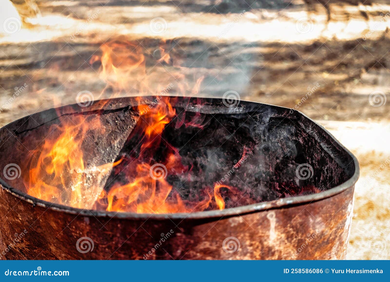 Burning Fire in a Barrel Close-up. Bright Flame. Open Flame Heating ...