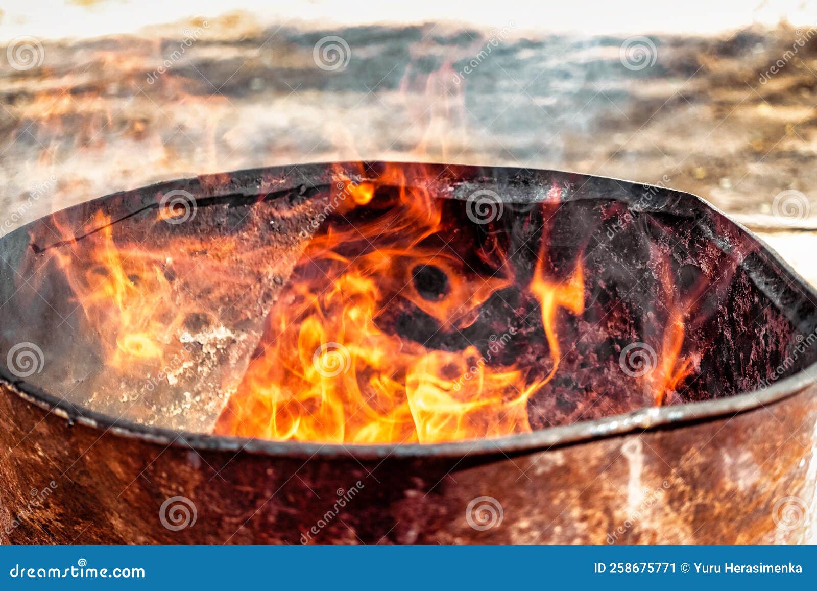 Burning Fire in a Barrel Close-up. Bright Flame. Open Flame Heating ...