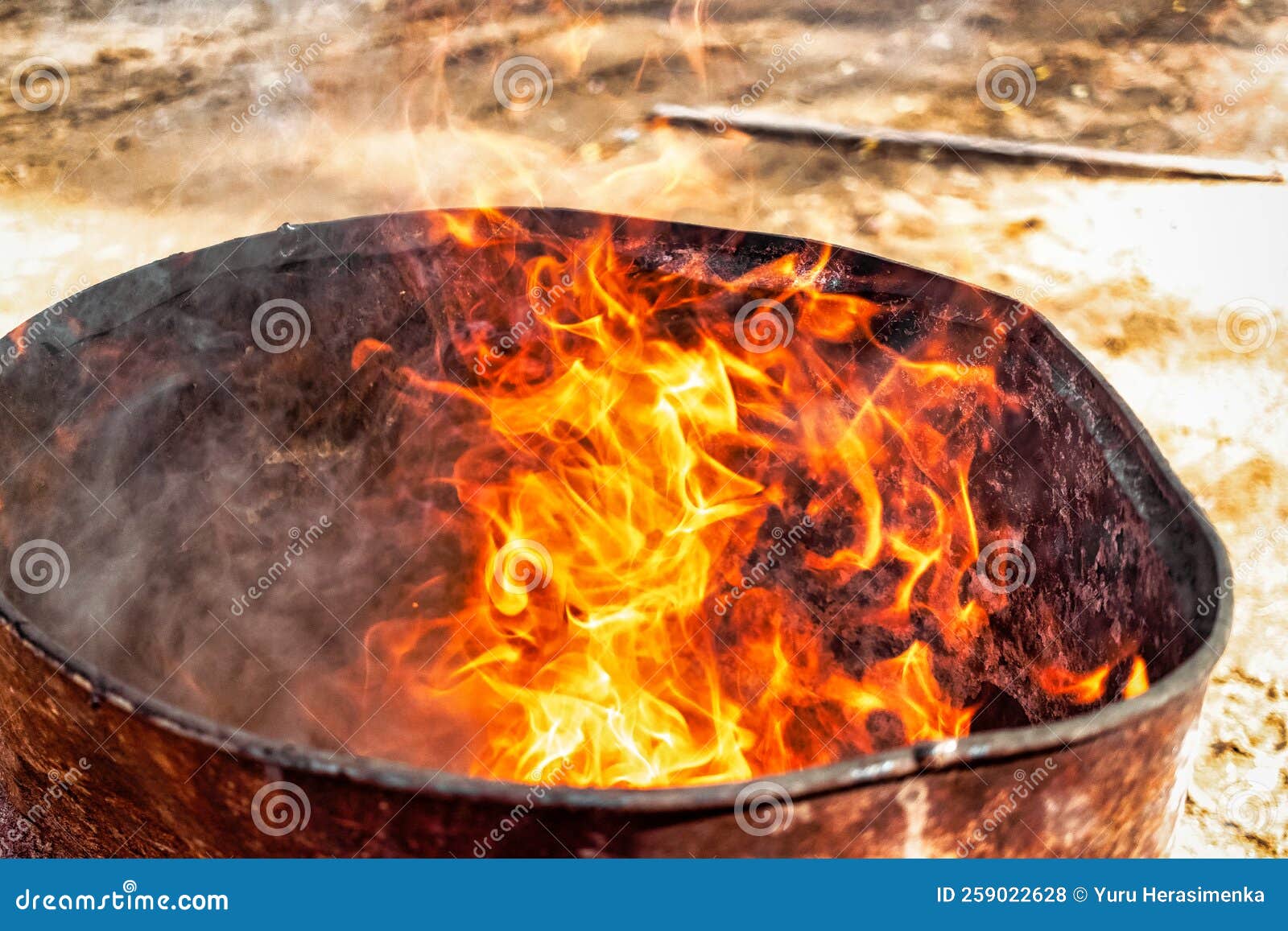Burning Fire in a Barrel Close-up. Bright Flame. Open Flame Heating ...