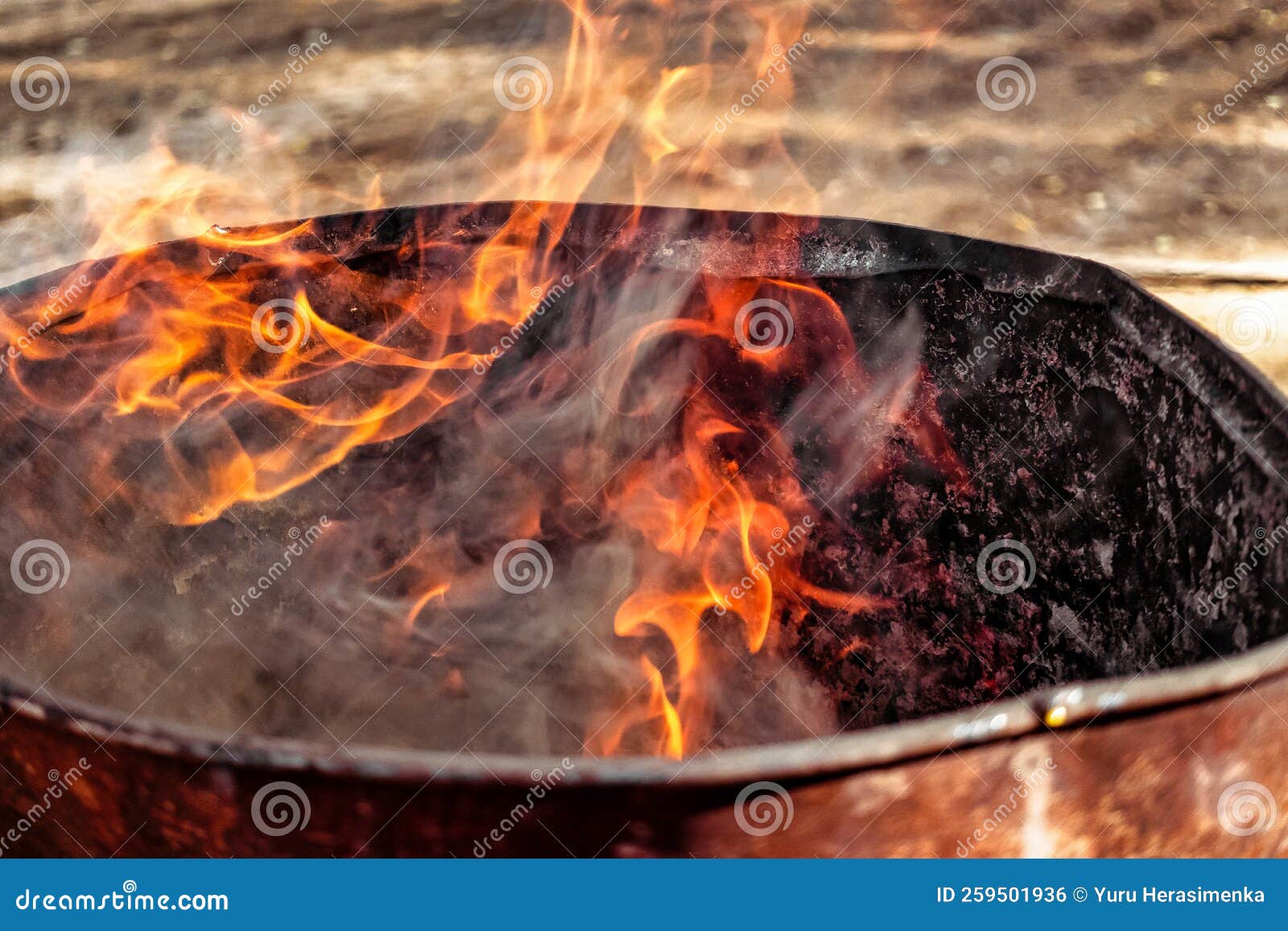 Burning Fire in a Barrel Close-up. Bright Flame. Open Flame Heating ...