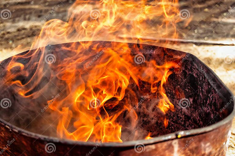 Burning Fire in a Barrel Close-up. Bright Flame. Open Flame Heating ...