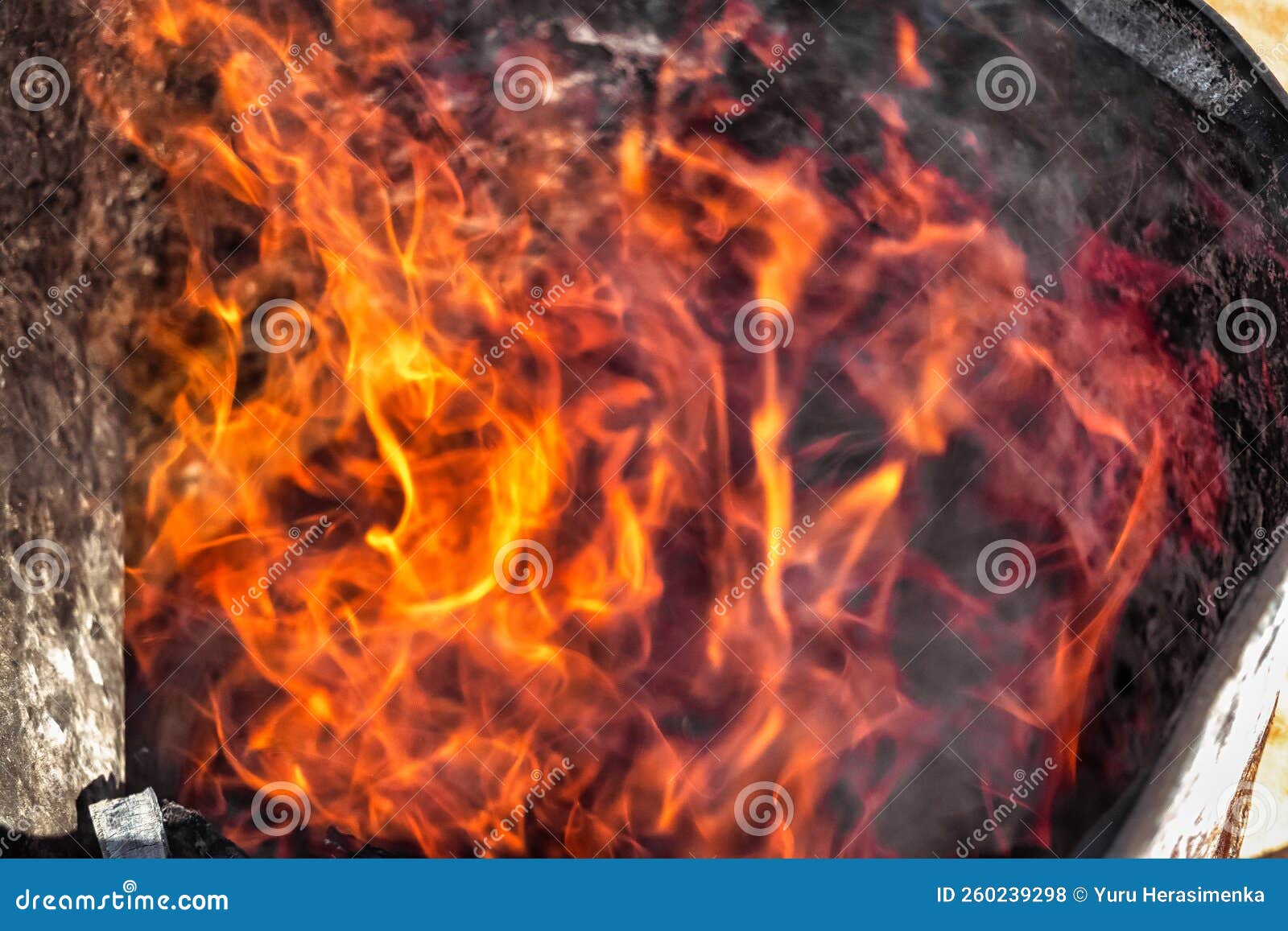 Burning Fire in a Barrel Close-up. Bright Flame. Open Flame Heating ...