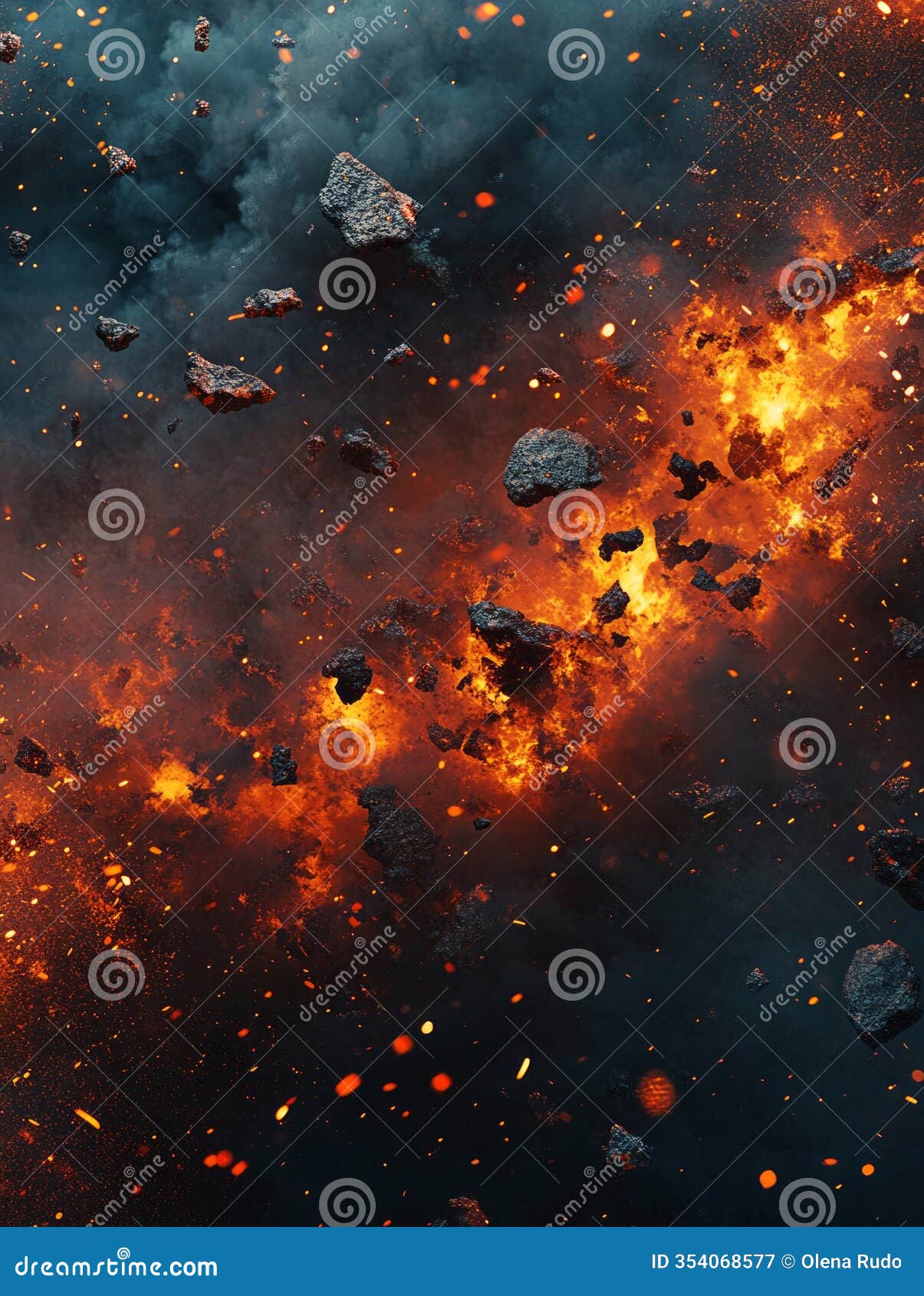 Burning Fire Blasting Exploding Rocks and Smoke in the Air Stock ...