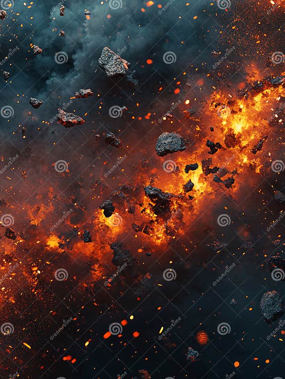 Burning Fire Blasting Exploding Rocks and Smoke in the Air Stock ...