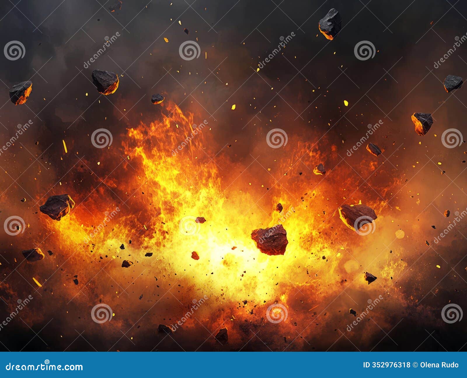 Burning Fire Blasting Exploding Rocks and Smoke in the Air Stock ...