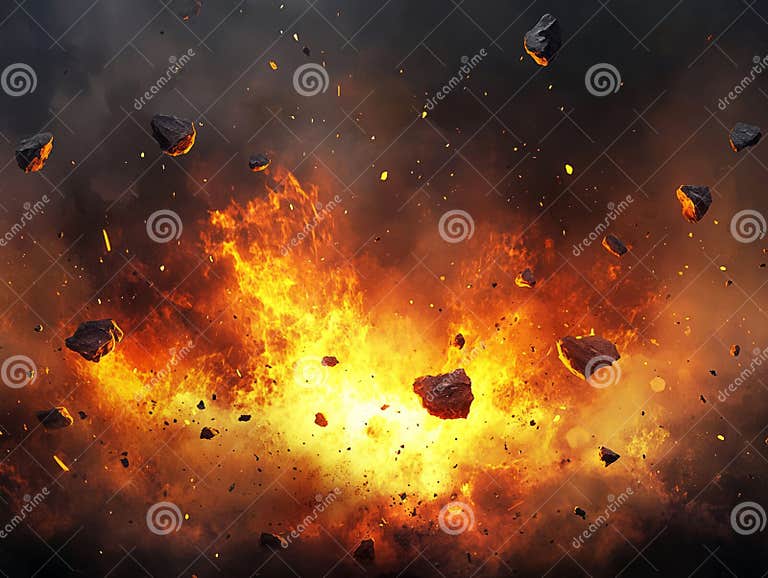Burning Fire Blasting Exploding Rocks and Smoke in the Air Stock ...