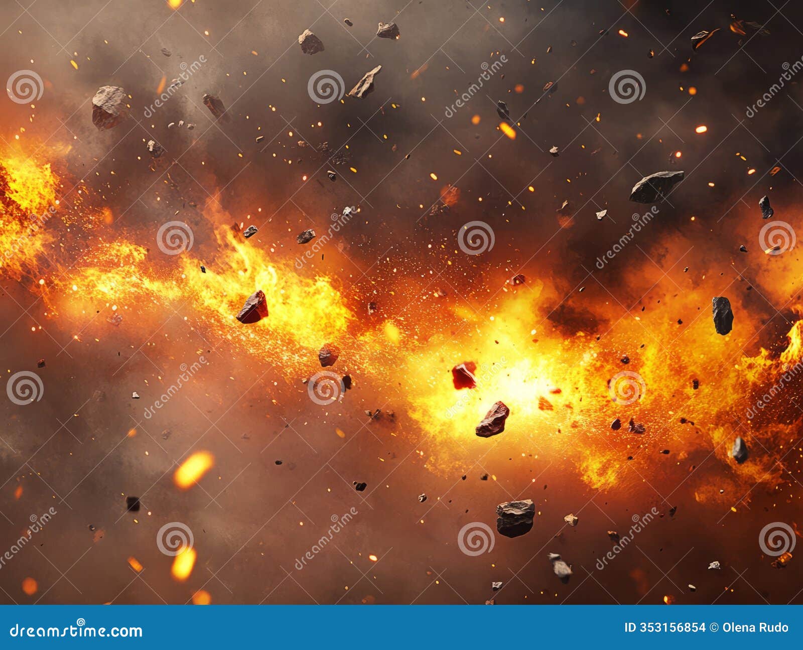 Burning Fire Blasting Exploding Rocks and Smoke in the Air Stock ...