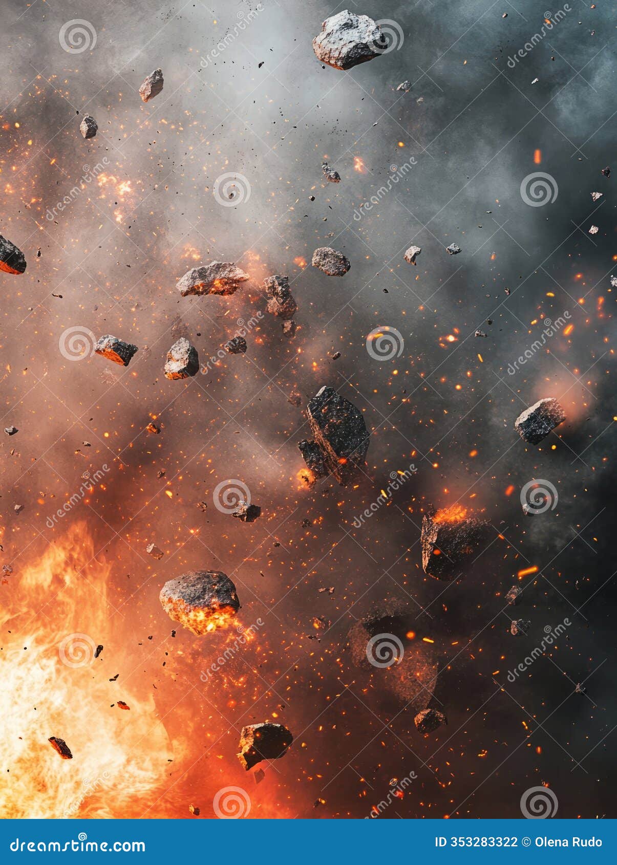 Burning Fire Blasting Exploding Rocks and Smoke in the Air Stock ...