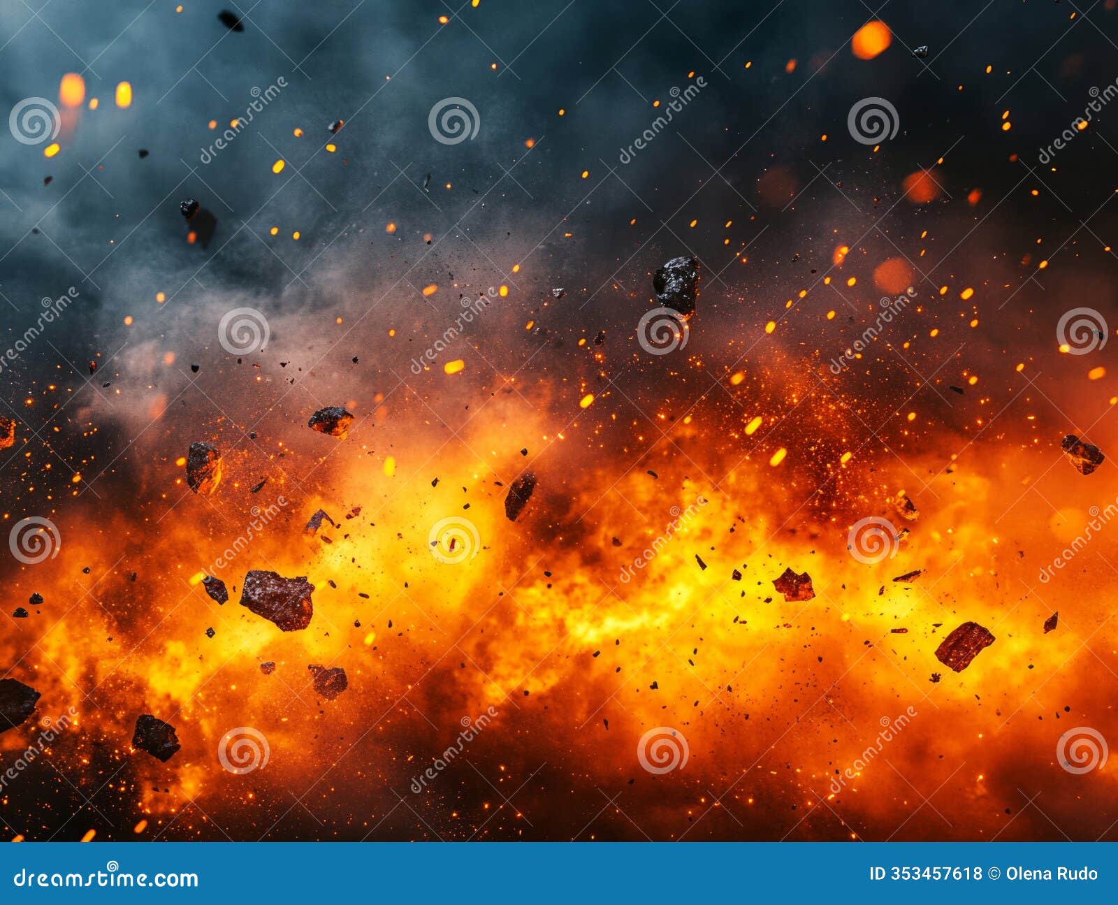 Burning Fire Blasting Exploding Rocks and Smoke in the Air Stock ...