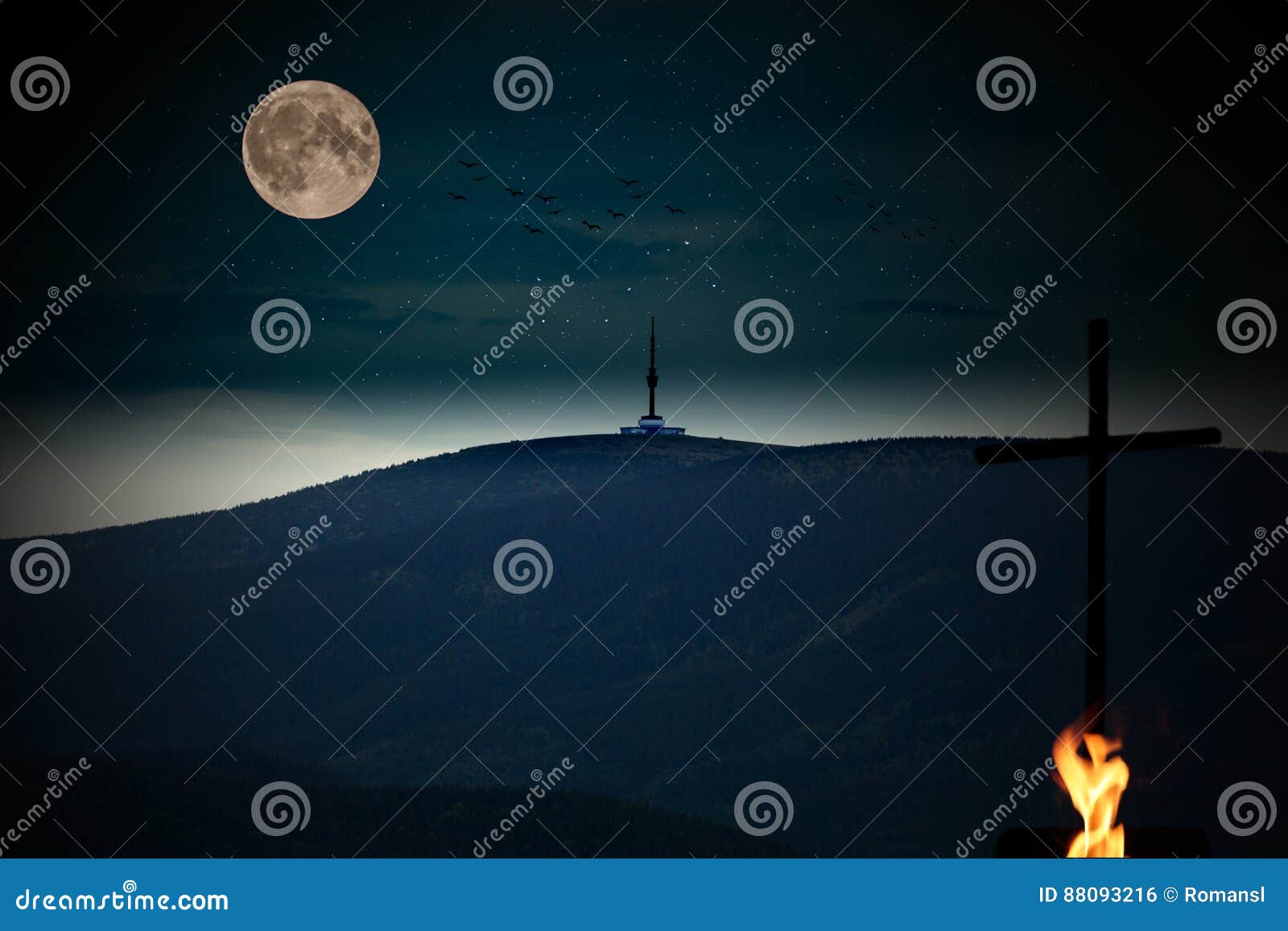 Burning Fire Cross with Night Sky and Realistic Full Moon Stock Photo ...
