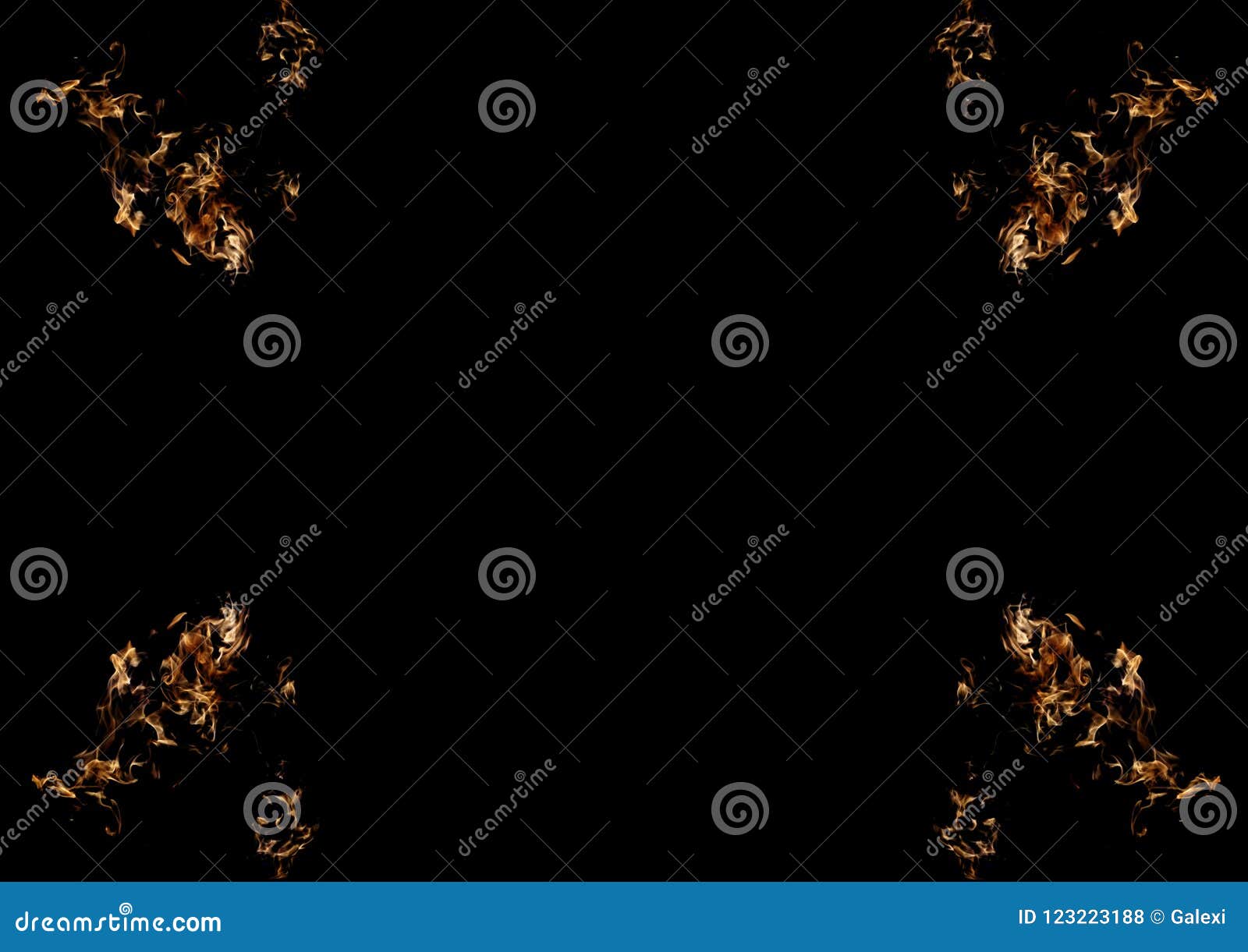 Burning Fire Flame In Four Corners Against Black Background Stock Photo ...
