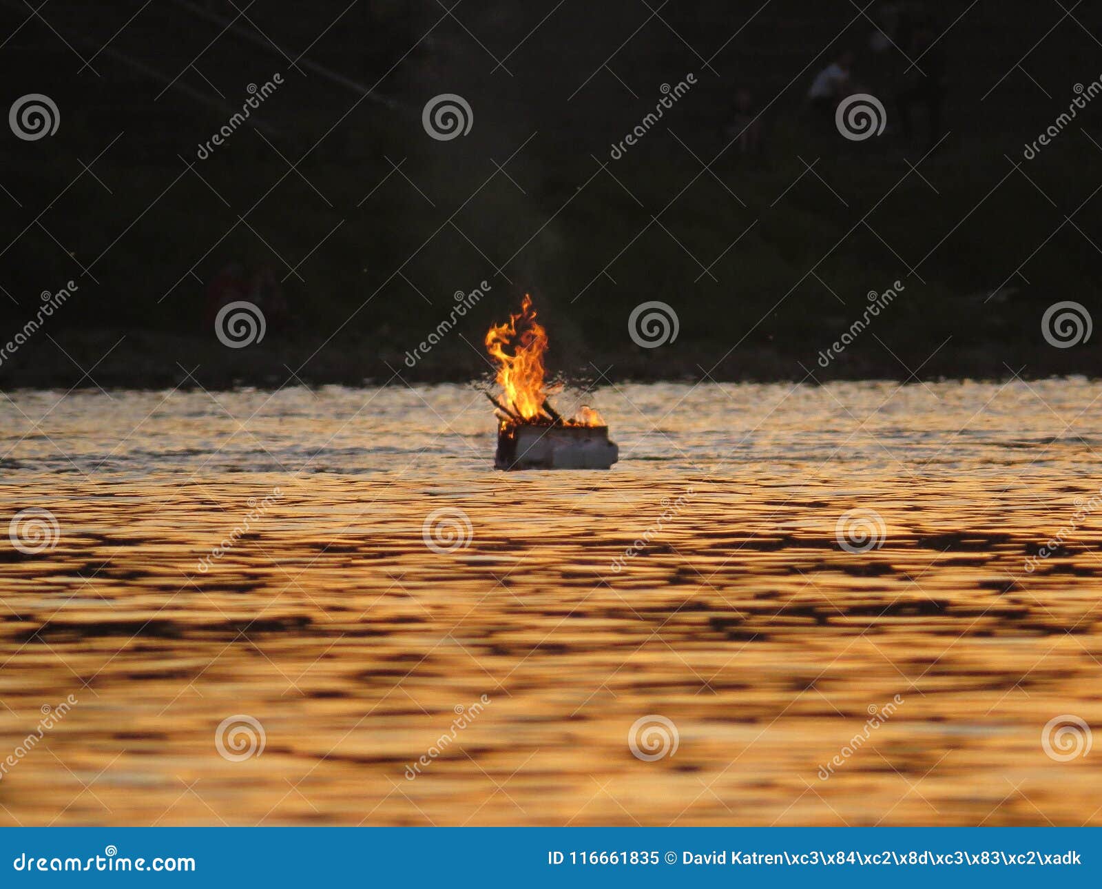 Burning Fire Flames on Raft in Water on River during Sunset Stock Image ...